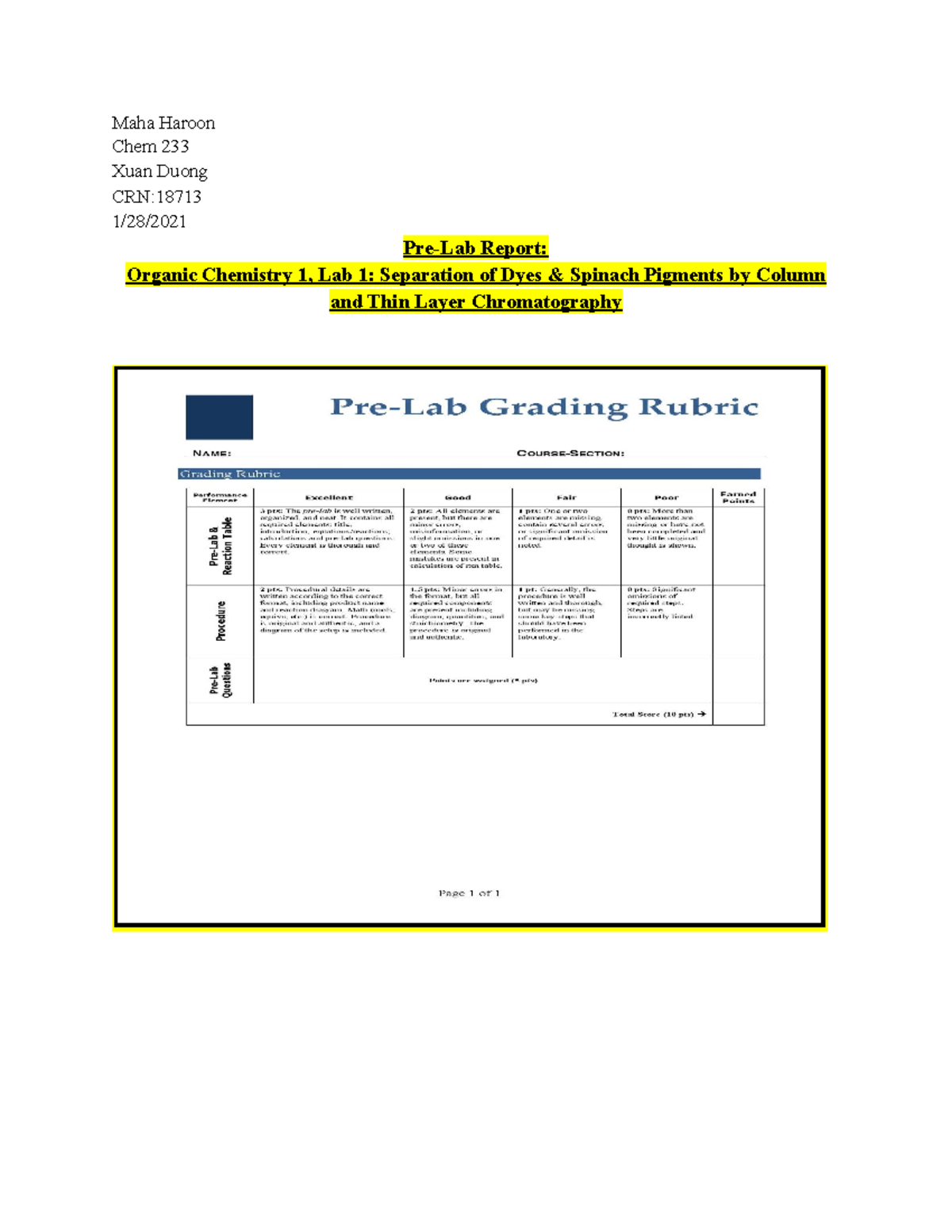 ORGO lab 1 Pre-Lab Report - Maha Haroon Chem 233 Xuan Duong CRN: 1/28 ...
