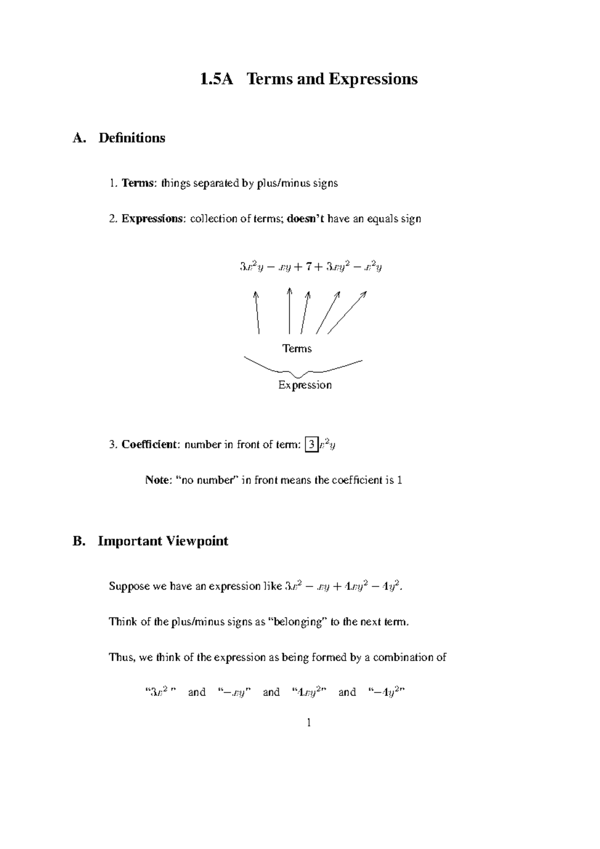 1.5A Terms and Expressions - Definitions 1. Terms : things separated by ...