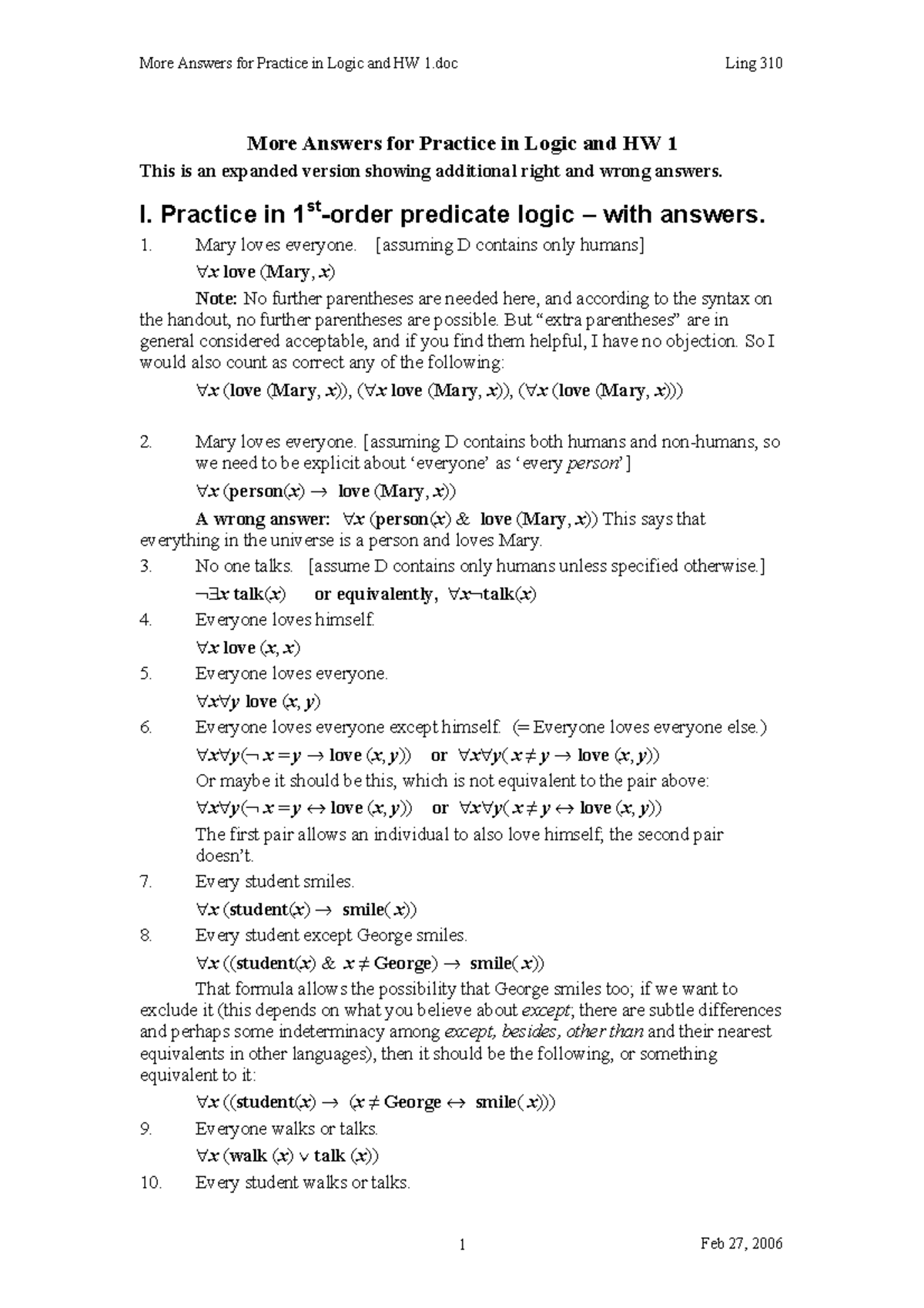 Logic Worksheet - More Answers for Practice in Logic and HW 1 This is an expanded version ...