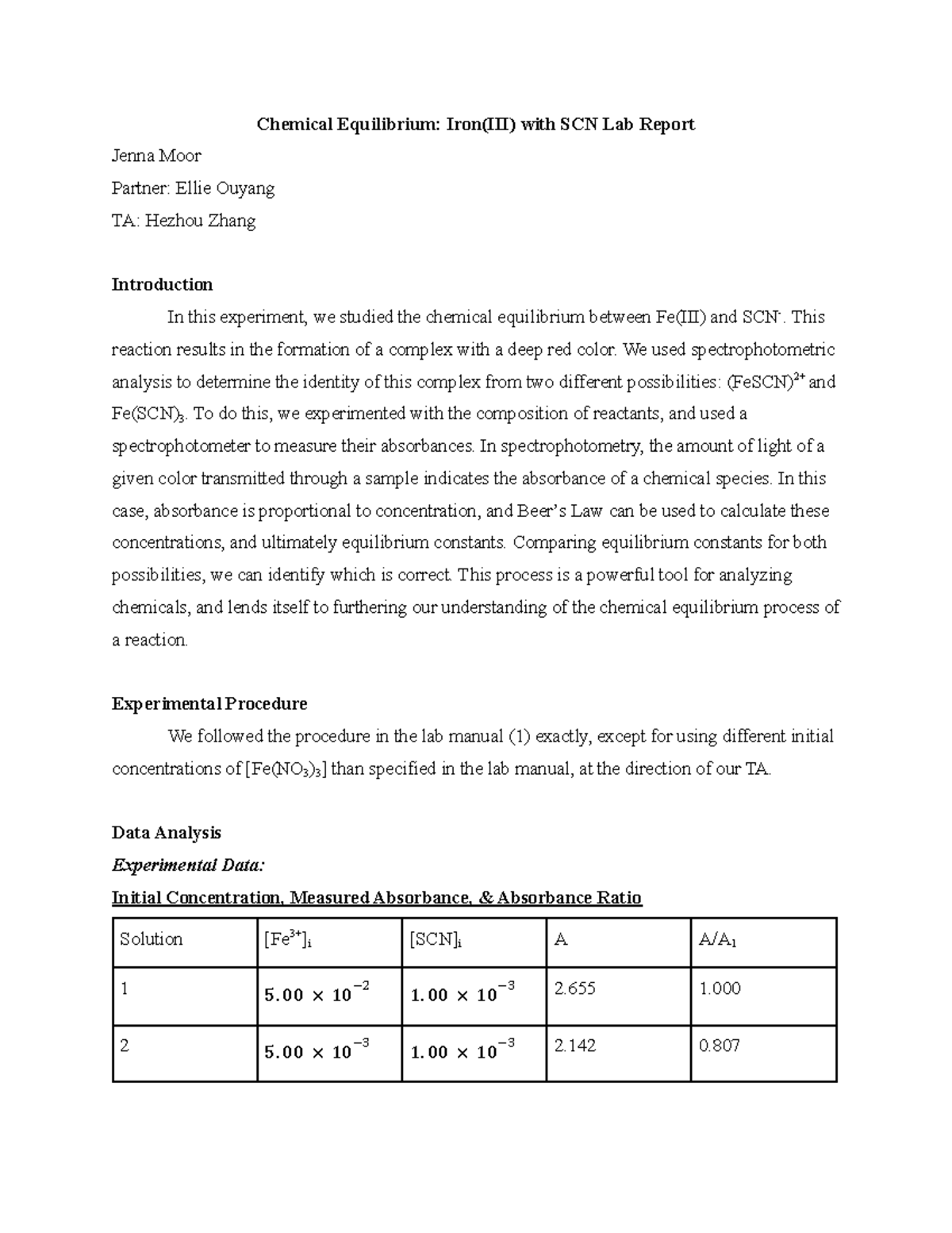 Chemical Equilibrium Lab Report - Jenna Moor - Chemical Equilibrium ...