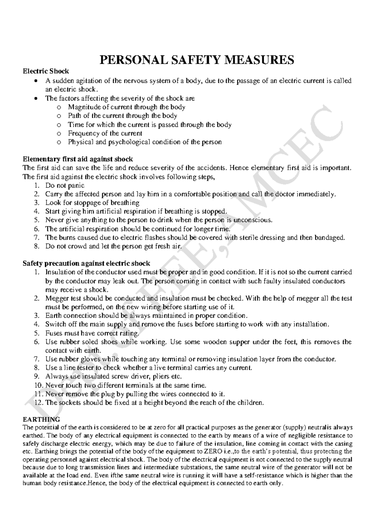 Personal Safety Measures-mod5 - PERSONAL SAFETY MEASURES Electric Shock ...
