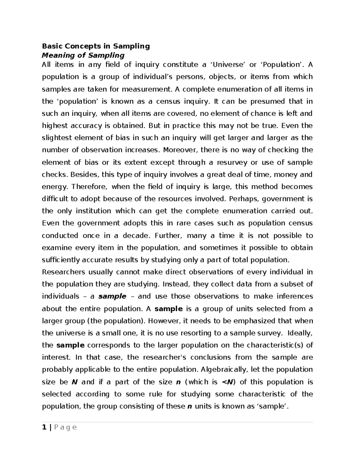 CHAPTER 3 Sampling - Basic Concepts in Sampling Meaning of Sampling All ...
