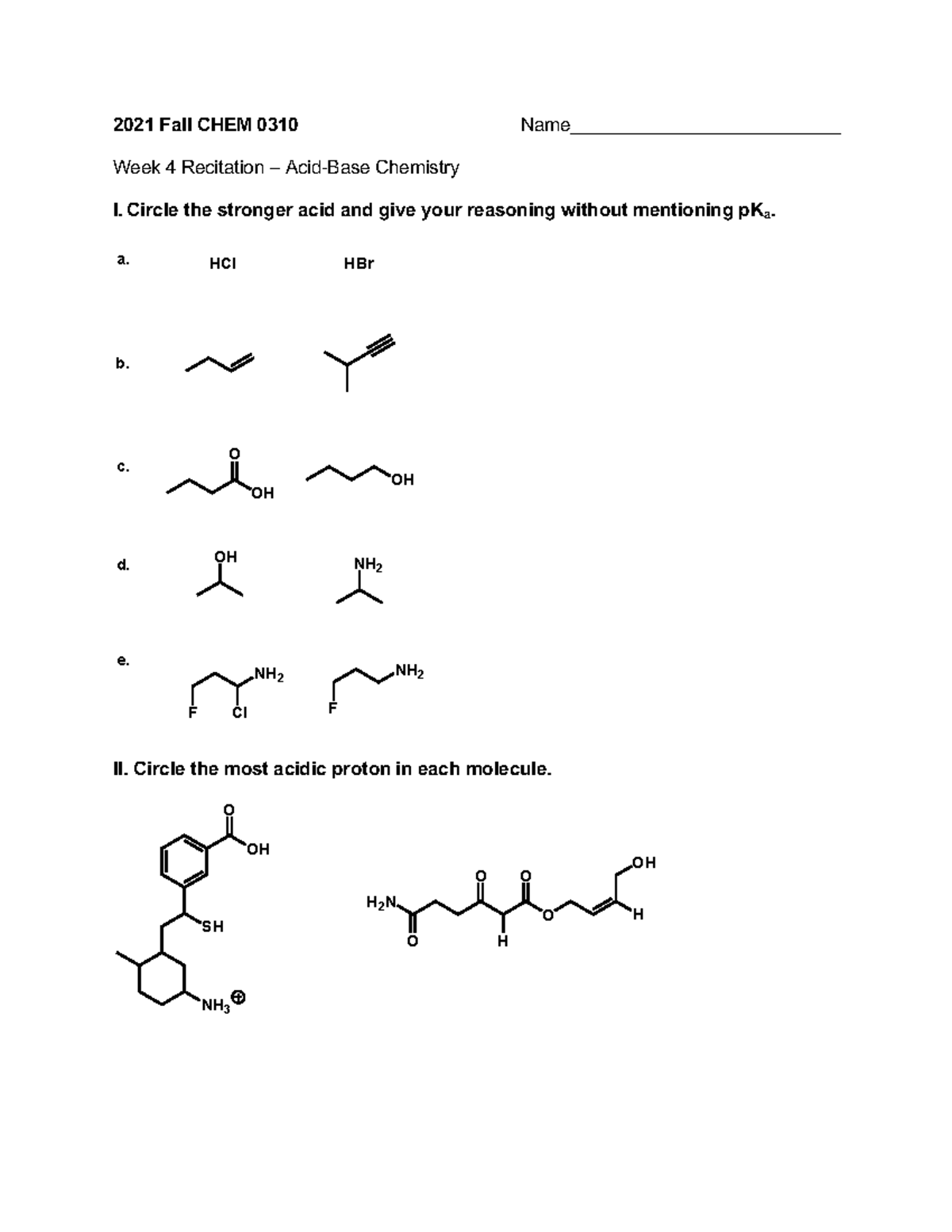4- Acid and Bases Practice Problems - 2021 Fall CHEM 0310 Name ...