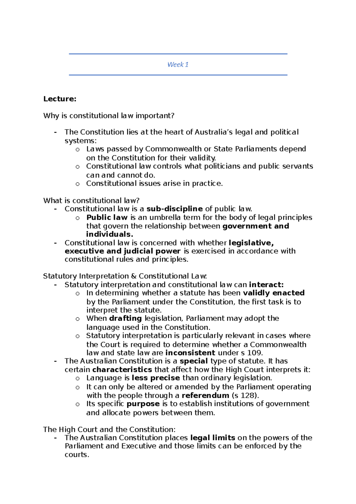 Constitutional Law - Lecture and Tutorial Notes - Week 1 Lecture: Why ...