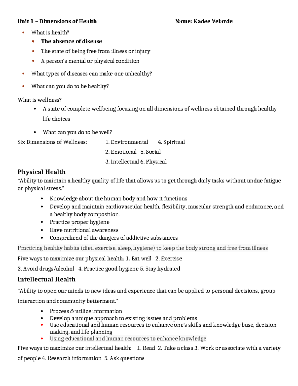Dimensions of Health notes fillin sheet - Unit 1 – Dimensions of Health ...