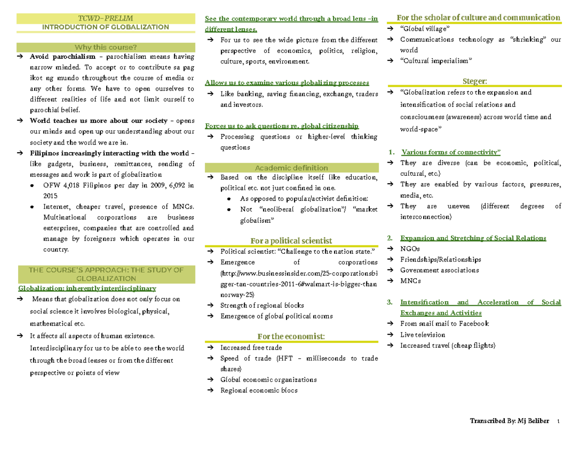 Prelim-TCWD - Reviewer - TCWD-PRELIM INTRODUCTION OF GLOBALIZATION Why ...
