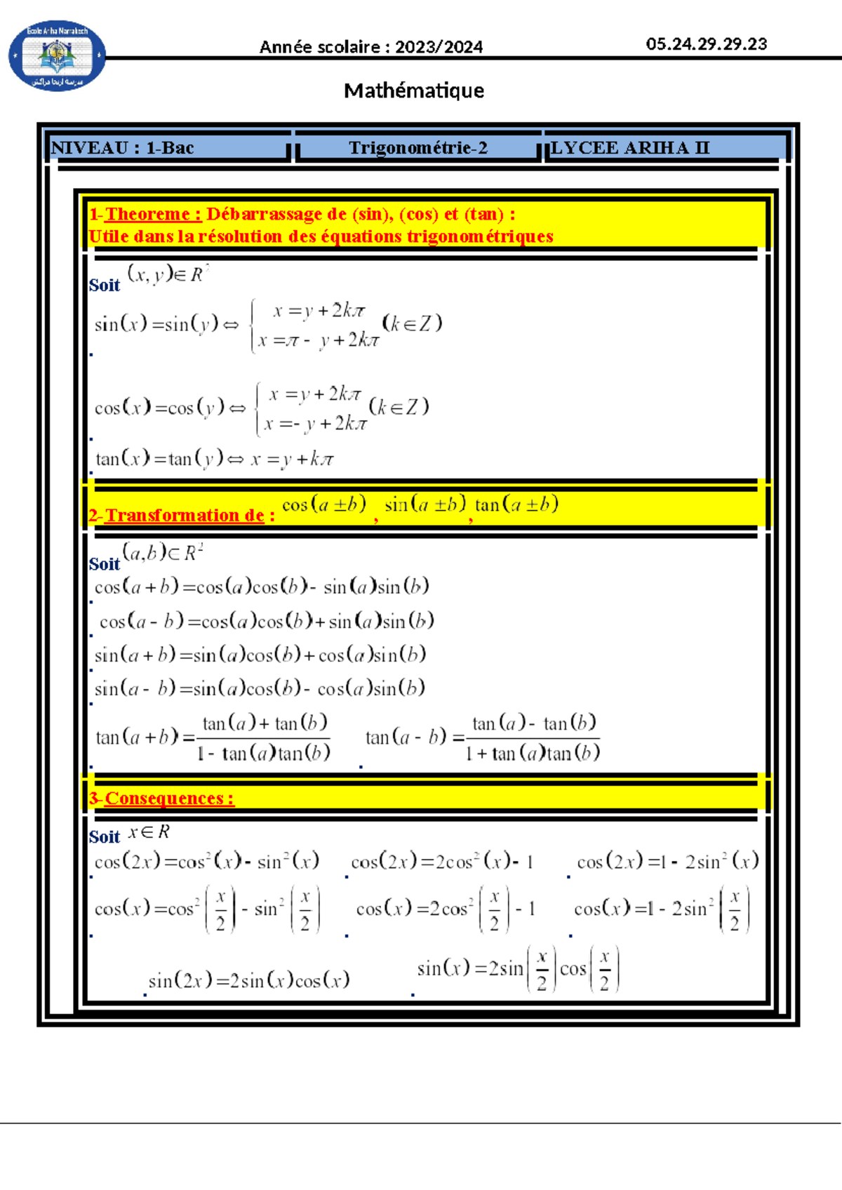 Formules trigonometriques 2 - 05.24.29. Année scolaire : 2023/ NIVEAU : 1-Bac Trigonométrie-2 ...