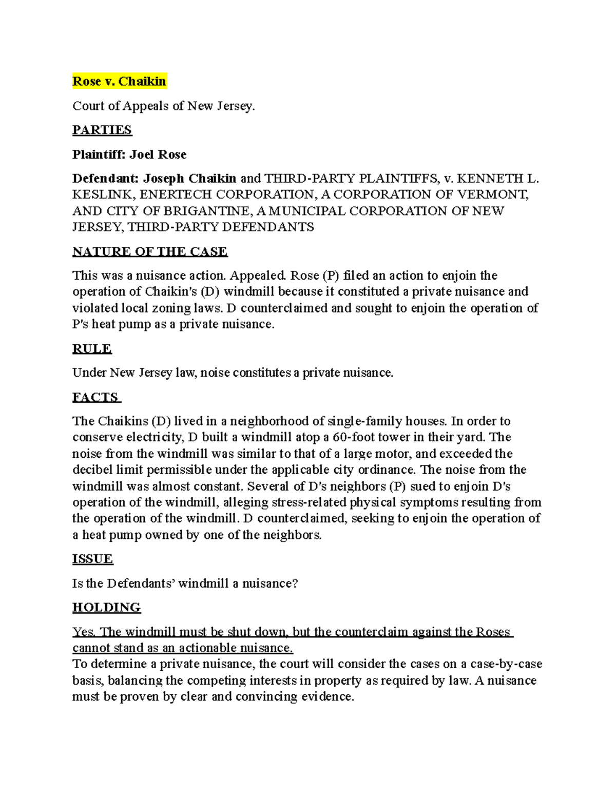 Property Week 13 Case Briefs - Rose v. Chaikin Court of Appeals of New ...