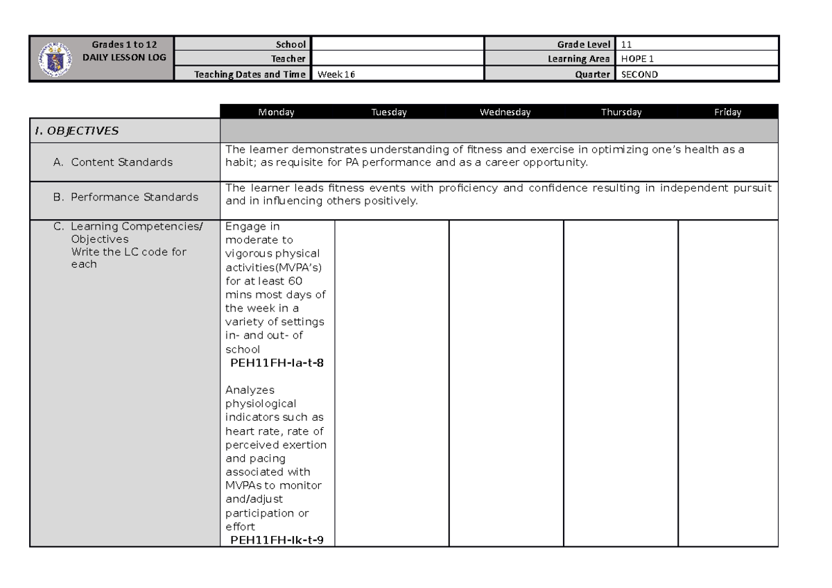 Week 16 - n/a - Grades 1 to 12 DAILY LESSON LOG School Grade Level 11 ...