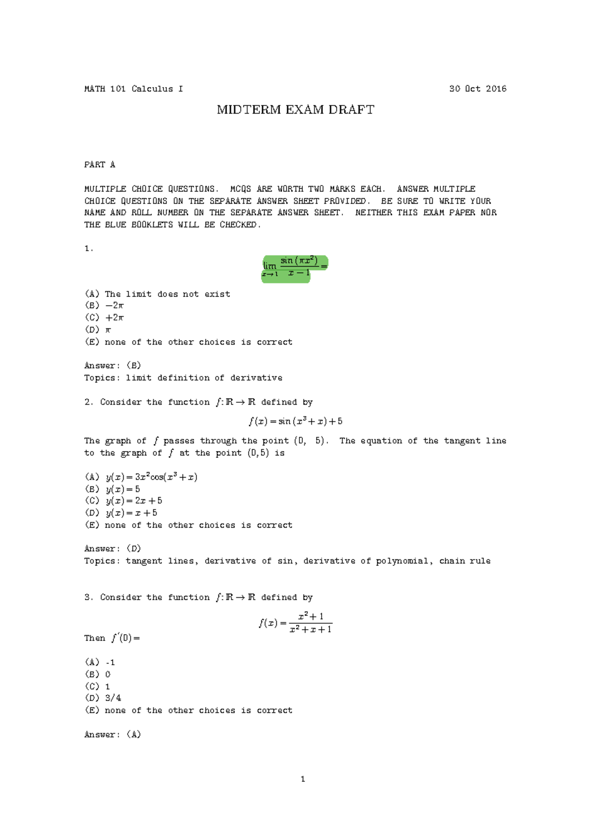 2016 Mid - MATH 101 Calculus I 30 Oct 2016 MIDTERM EXAM DRAFT PART A MULTIPLE CHOICE QUESTIONS ...