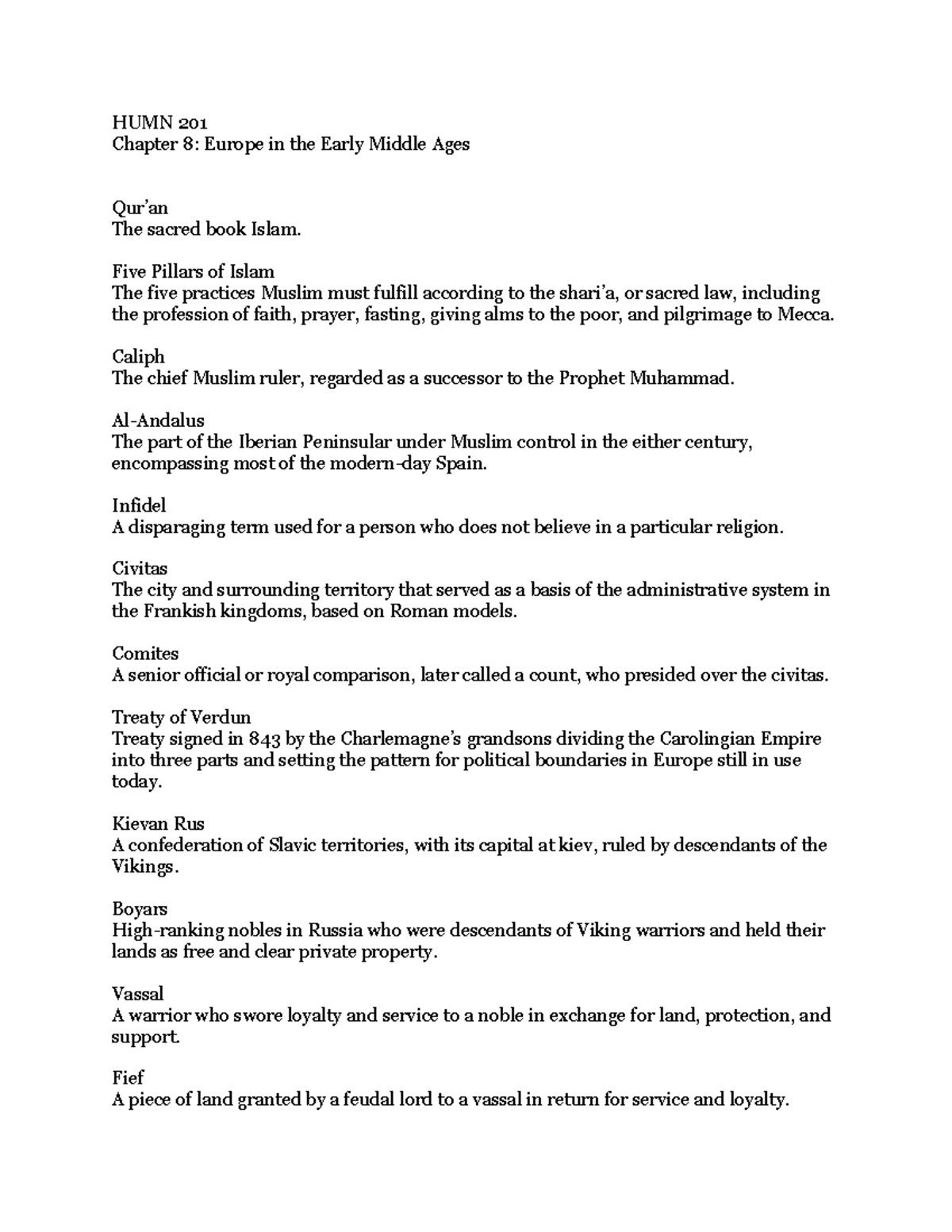 HUMN 201 chap 8 Europe in the Middle Ages - HUMN 201 Chapter 8: Europe ...