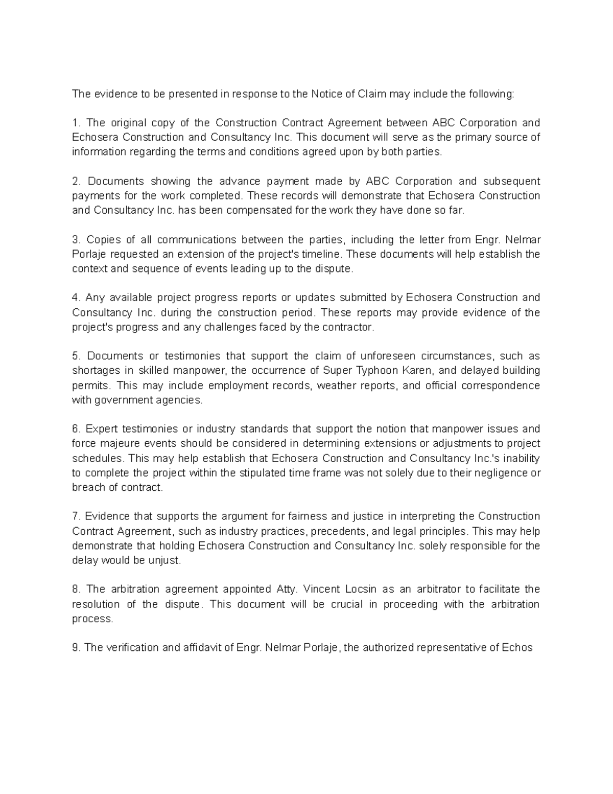 Evidence to be presented - This document will serve as the primary ...