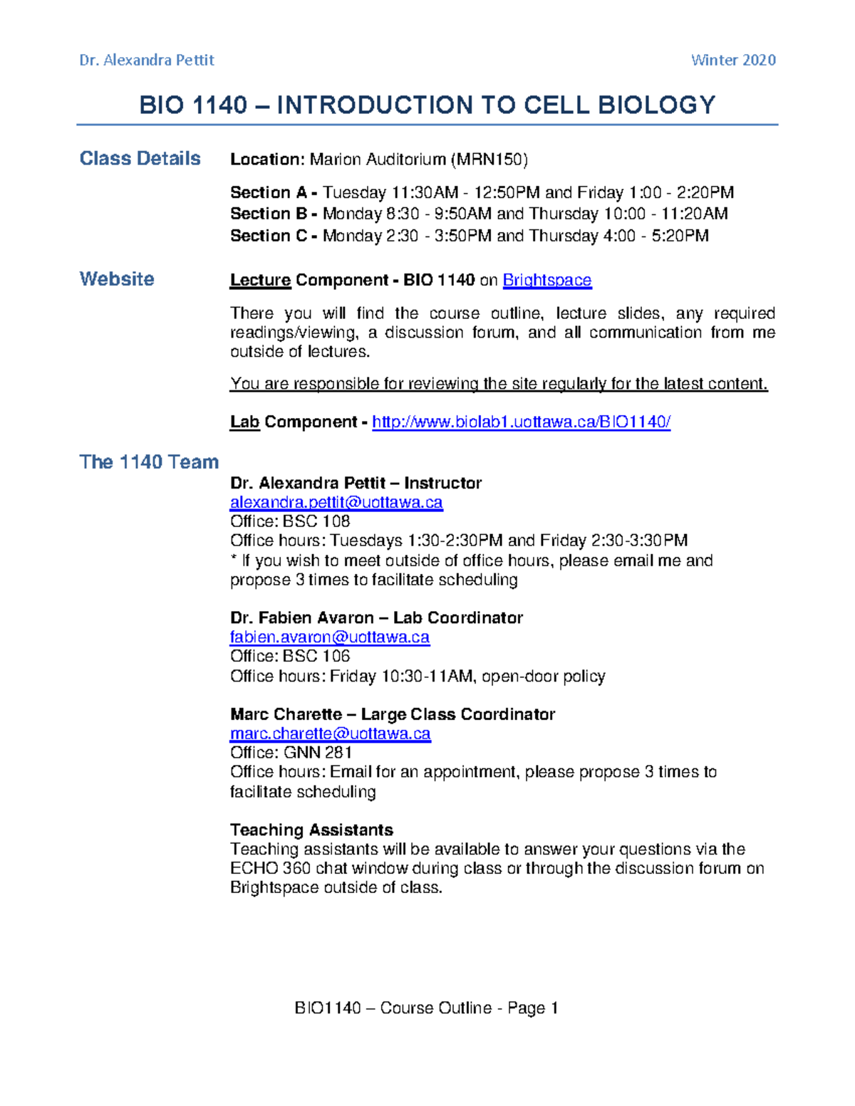 BIO1140 course plan Pettit Winter 2020 - Warning: TT: undefined ...