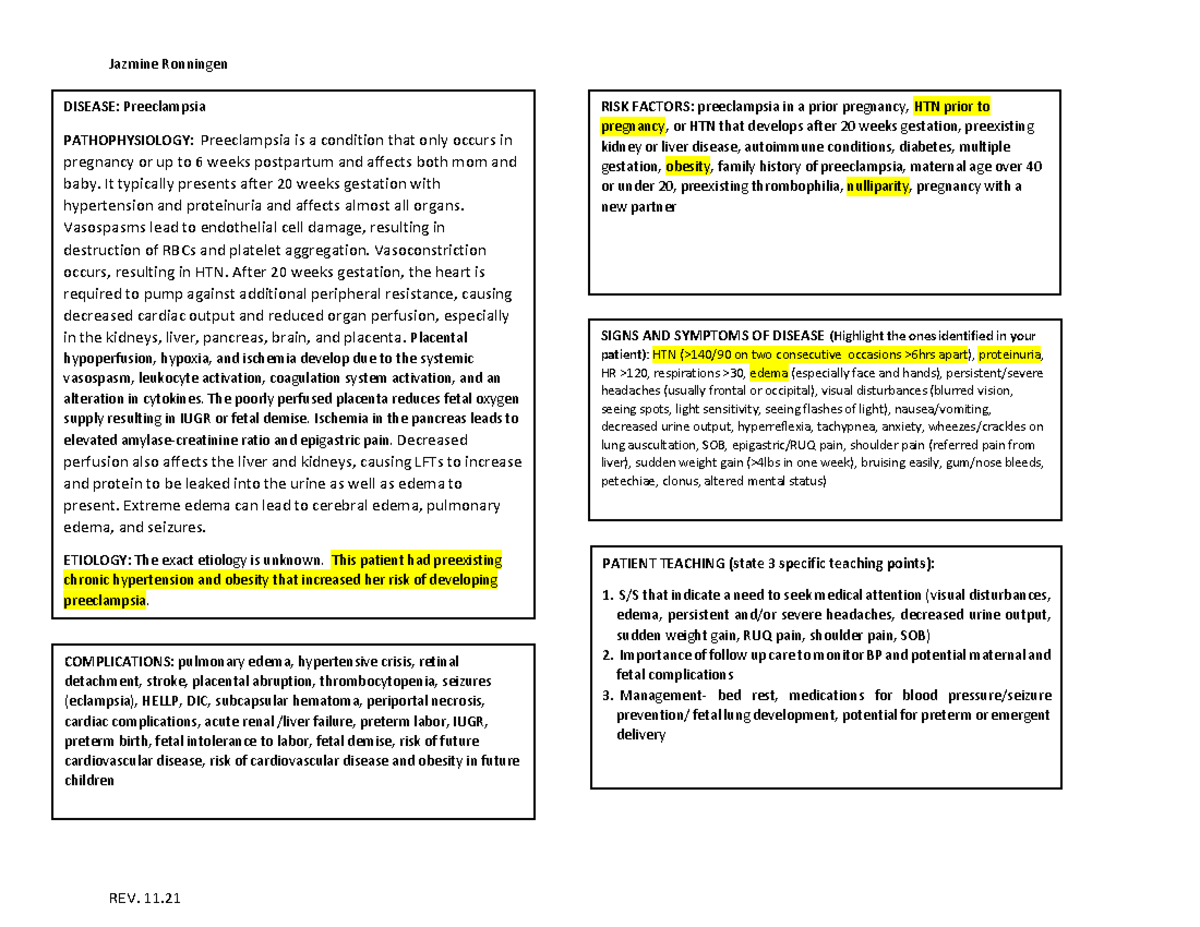 Patho map- preeclampsia - REV. 11. Jazmine Ronningen RISK FACTORS ...