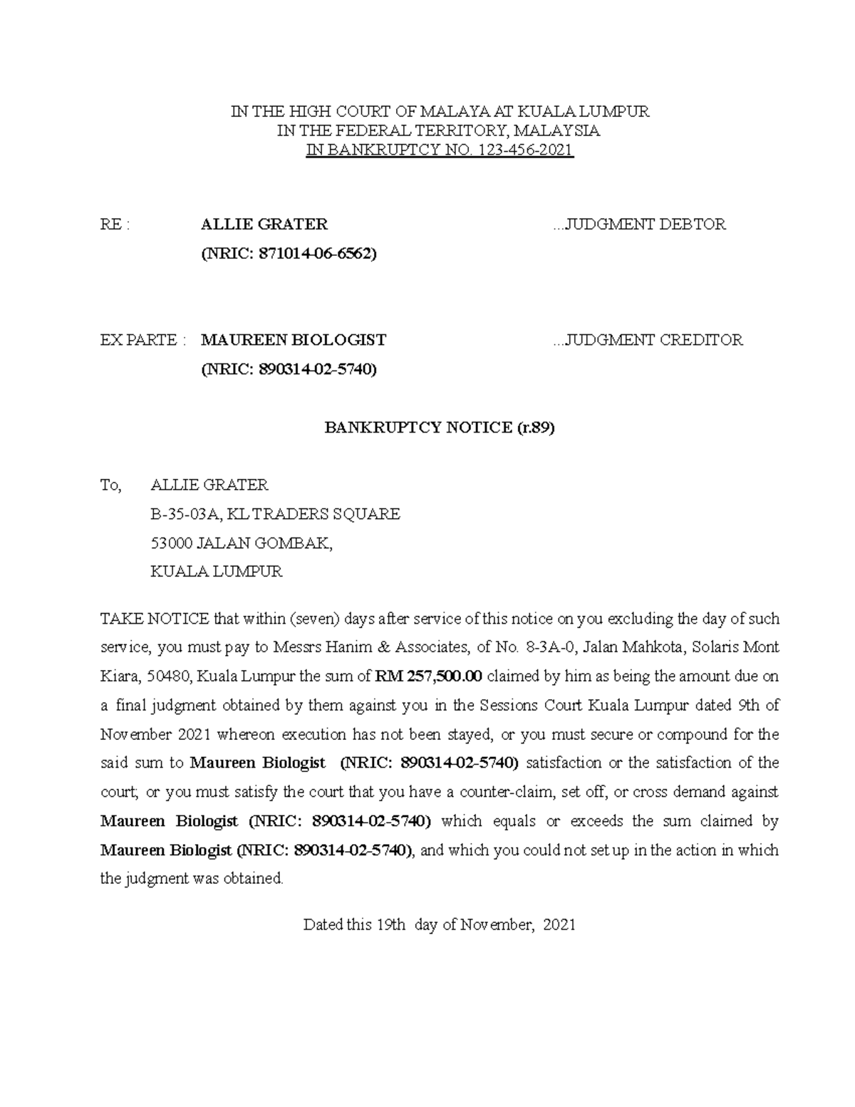 Bankruptcy Notice BANKRUPTCY - IN THE HIGH COURT OF MALAYA AT KUALA ...