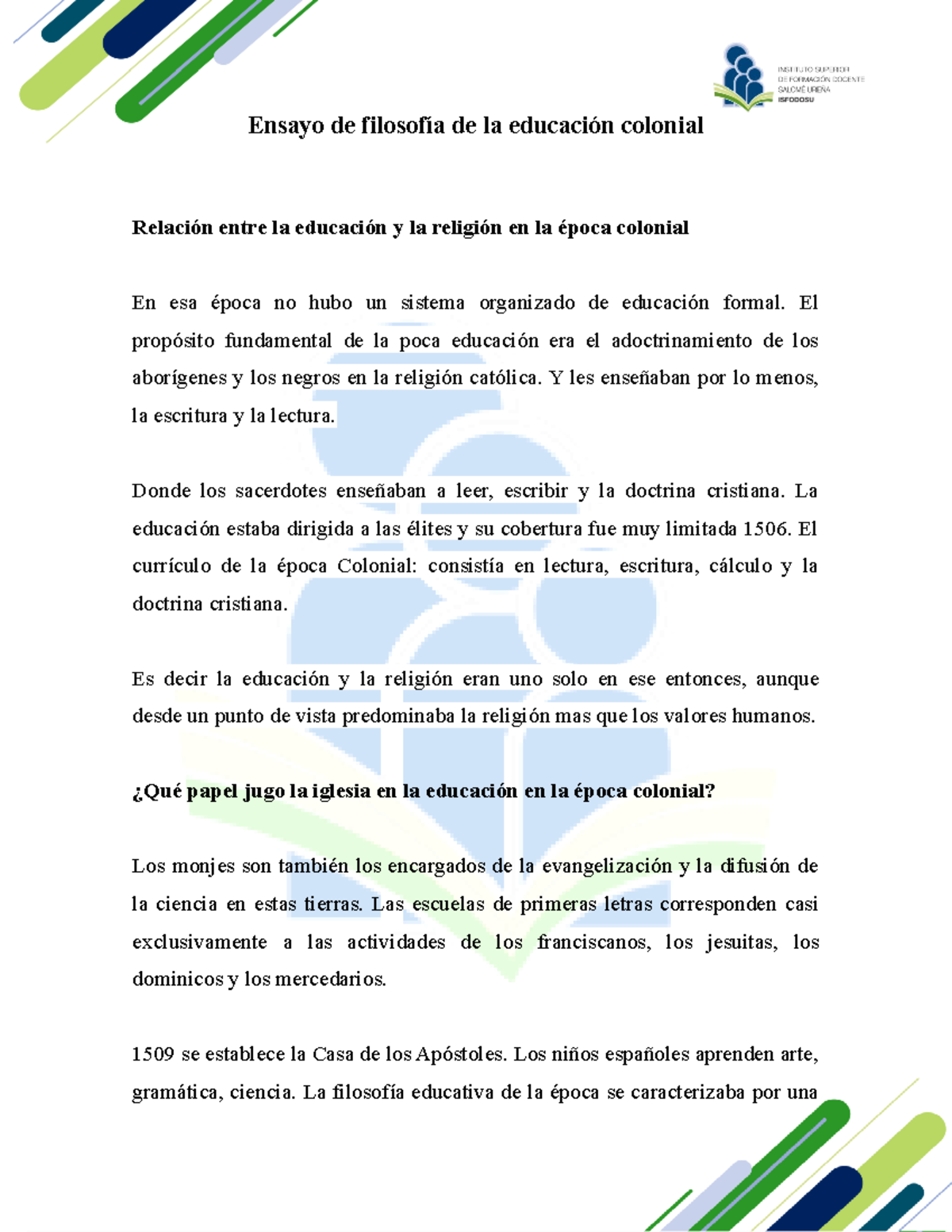 Ensayo de filosofía de la educación colonial - Ensayo de filosofía de ...
