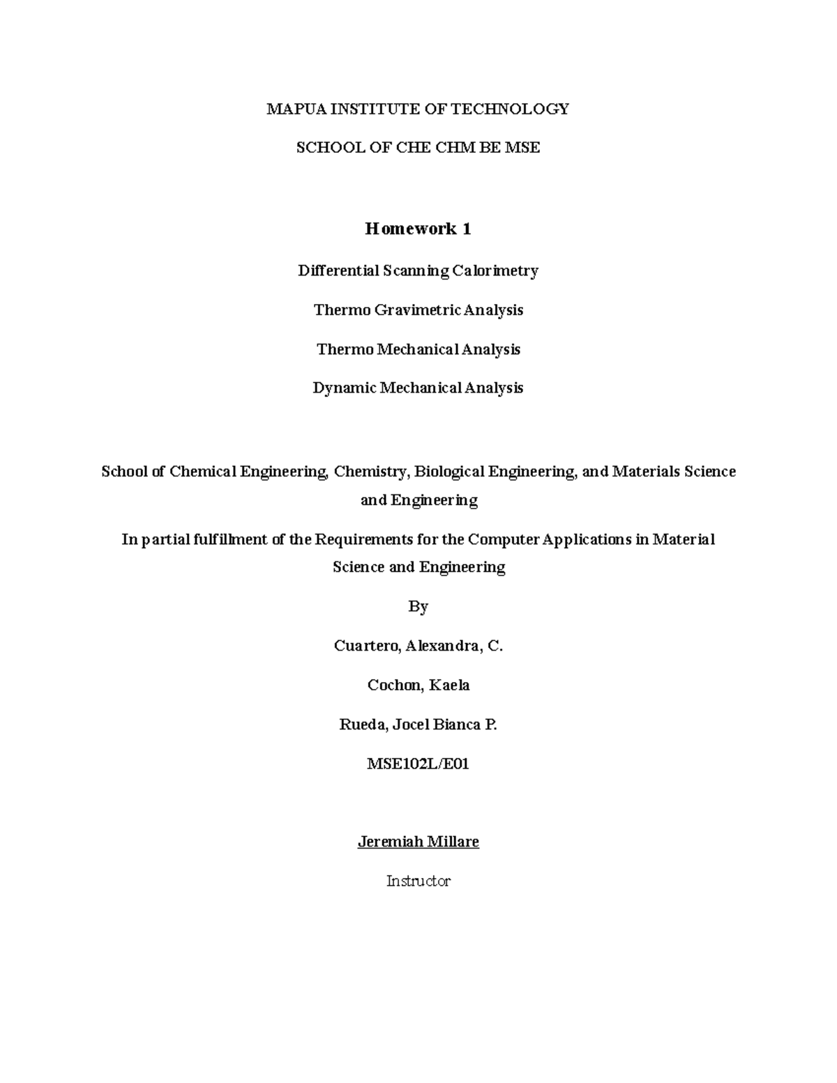 MSE102L- Homework 1 - Laboratory report - MAPUA INSTITUTE OF TECHNOLOGY ...