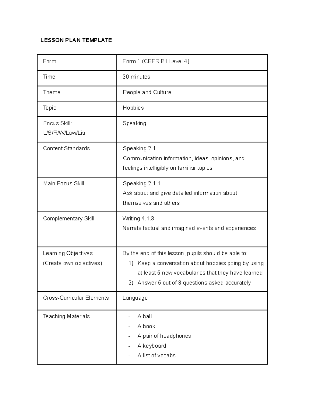 Syamimi Lesson PLAN Microteaching-1 - LESSON PLAN TEMPLATE Form Form 1 ...