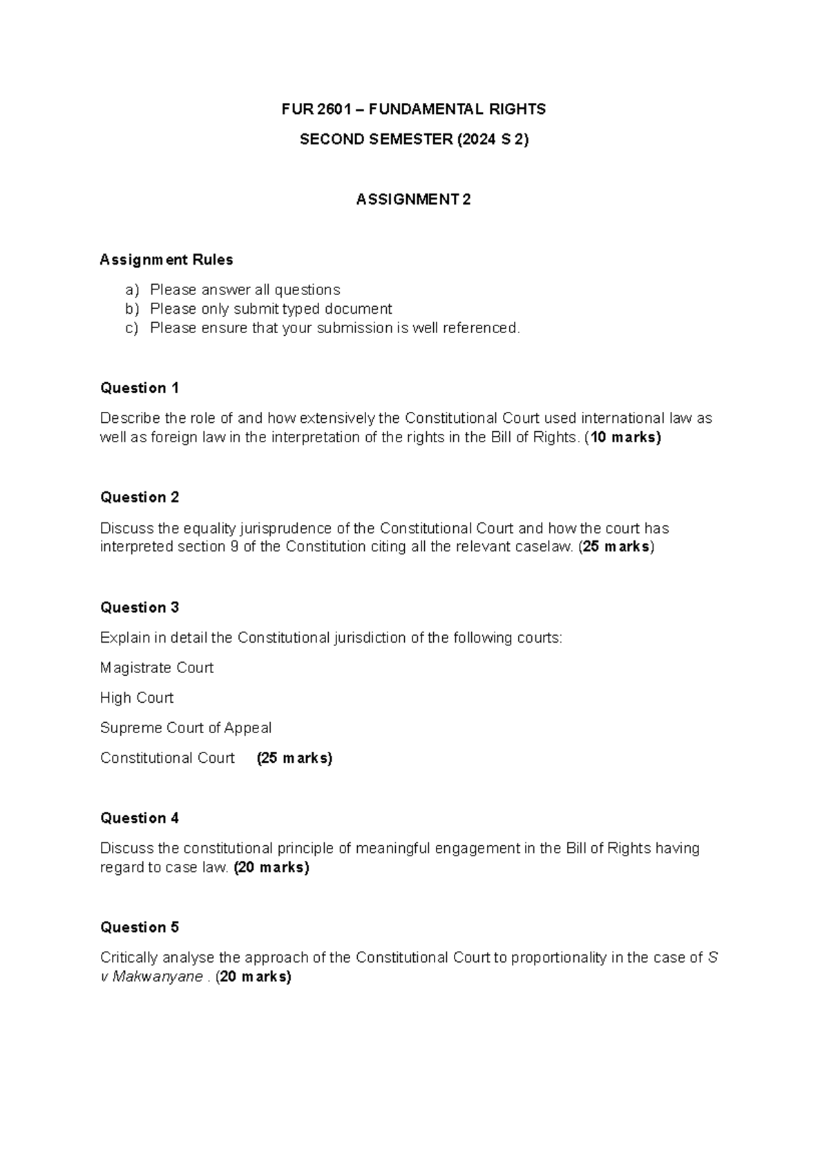 FUR 2601 S 2 [Assignment 2] - FUR 2601 – FUNDAMENTAL RIGHTS SECOND SEMESTER (2024 S 2 ...