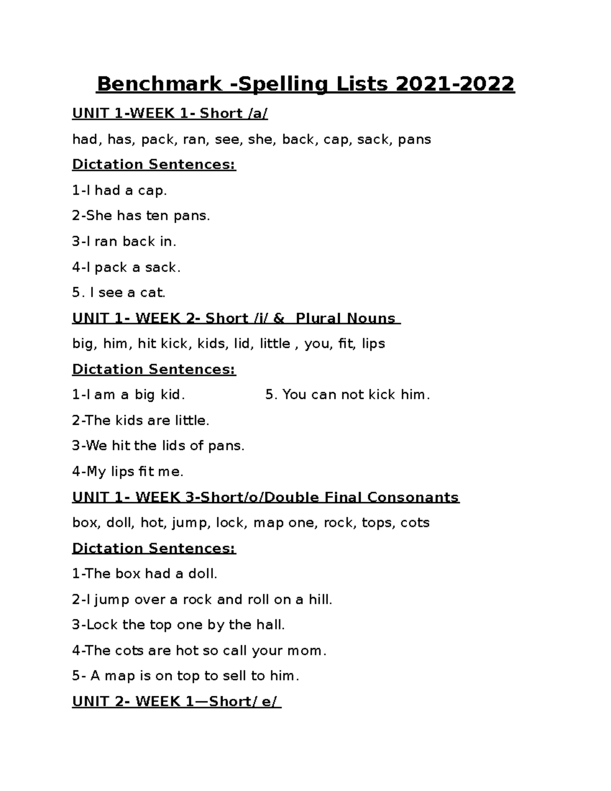 Spelling Lists 2021-2022- Accompanying Benchmark Series - Benchmark ...