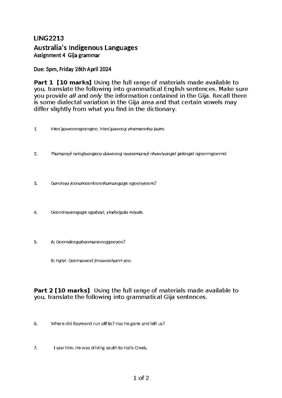 Asignment 4 Gija 2024 - LING Australia’s Indigenous Languages ...