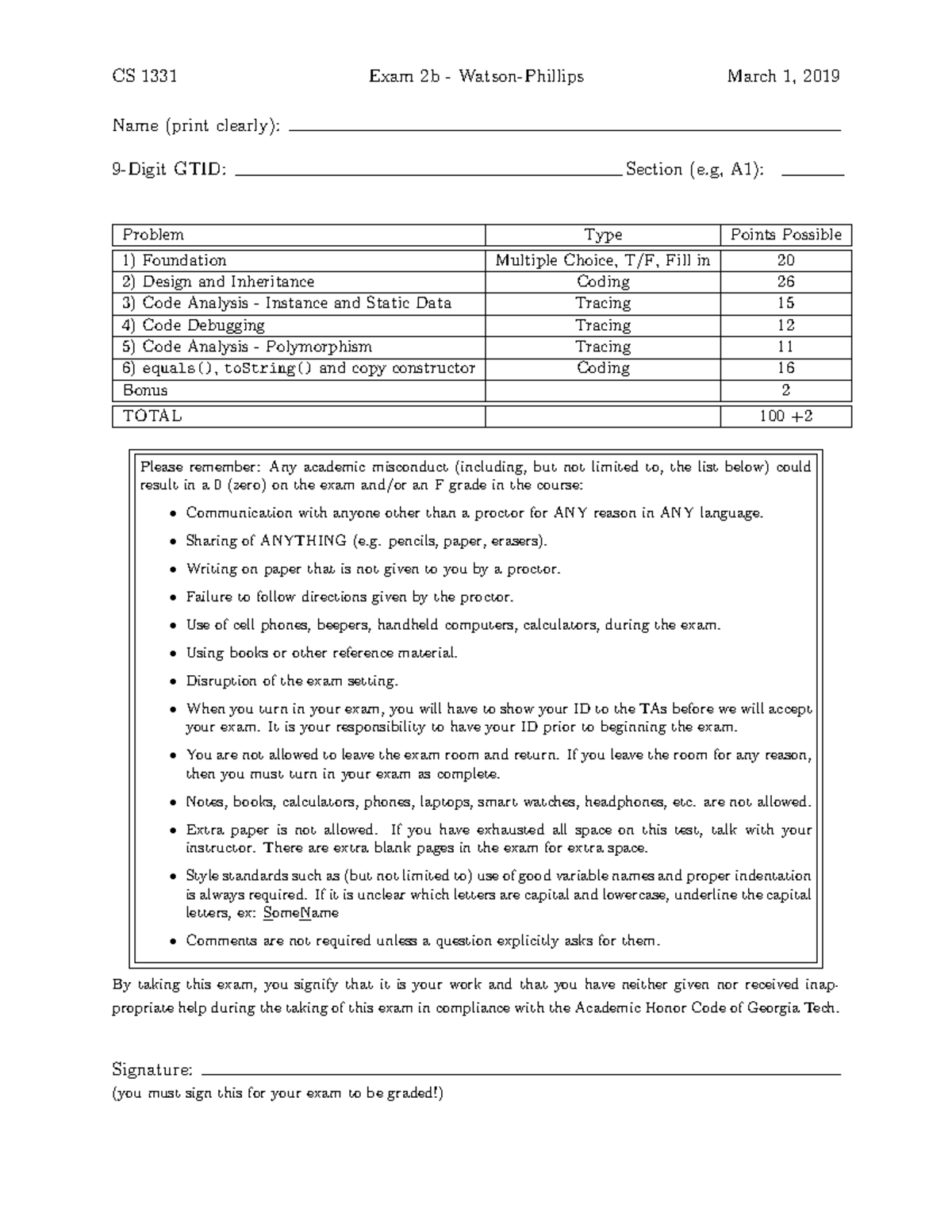 Watson-phillips sp19 exam2b(includes missing pages) - CS 1331 Exam 2b - Watson-Phillips March 1 ...