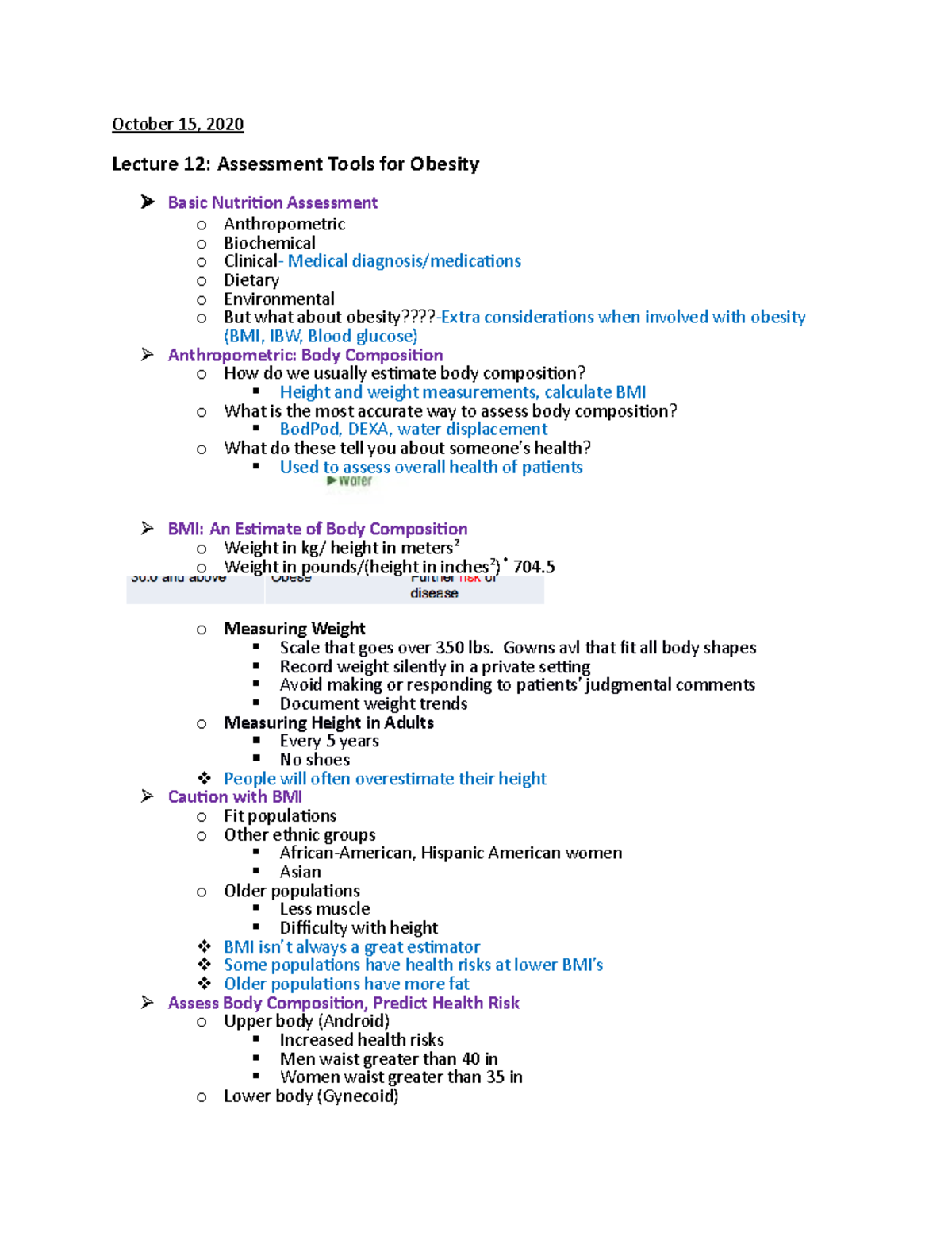 Lecture 12- Assessment tools for Obesity - October 15, 2020 Lecture 12 ...