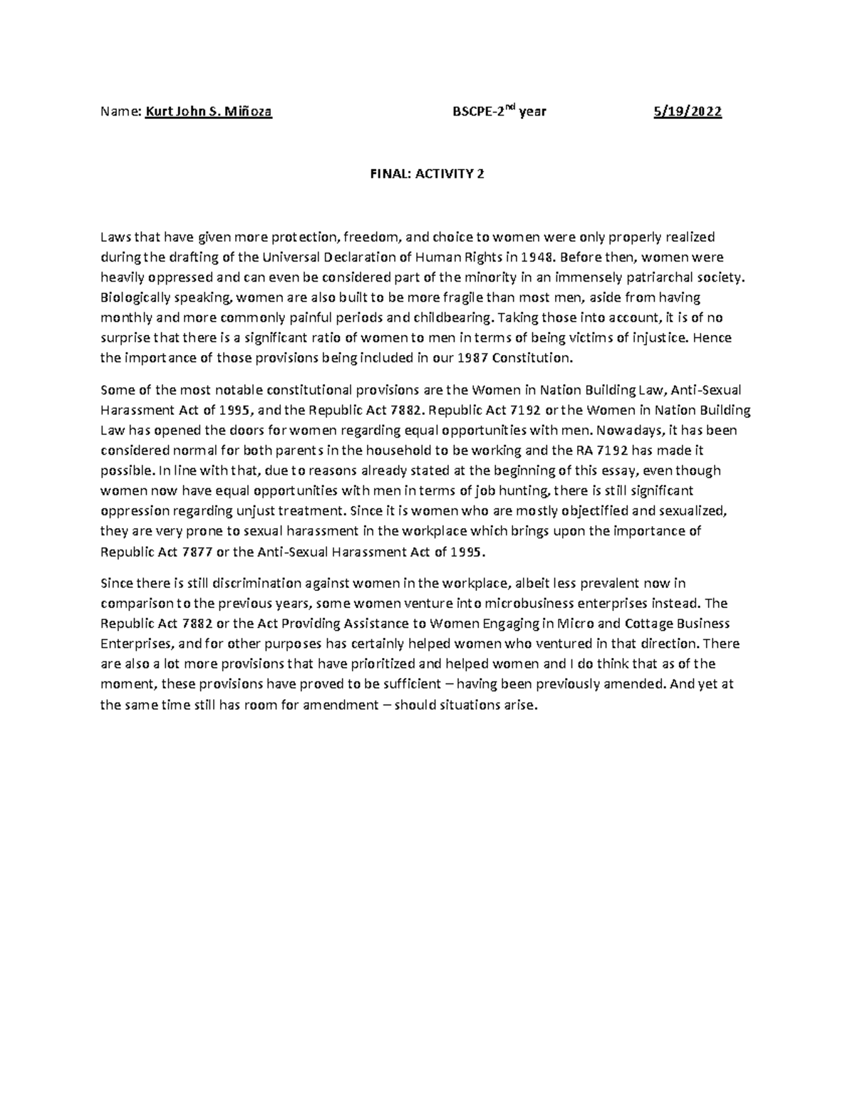 Activity 2 - Name: Kurt John S. Miñoza BSCPE-2nd year 5/19/ FINAL: ACTIVITY 2 Laws that have ...