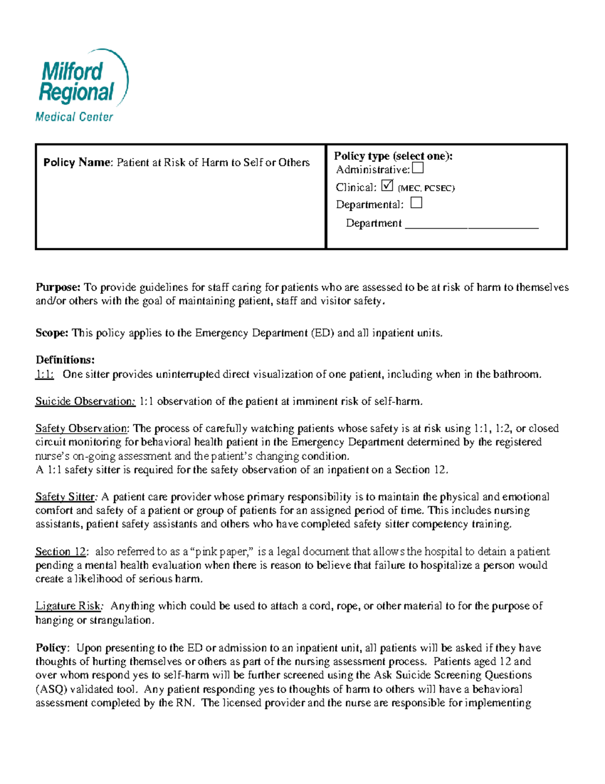 Policy Patient at Risk of Harm to Self or Others - Purpose: To provide ...