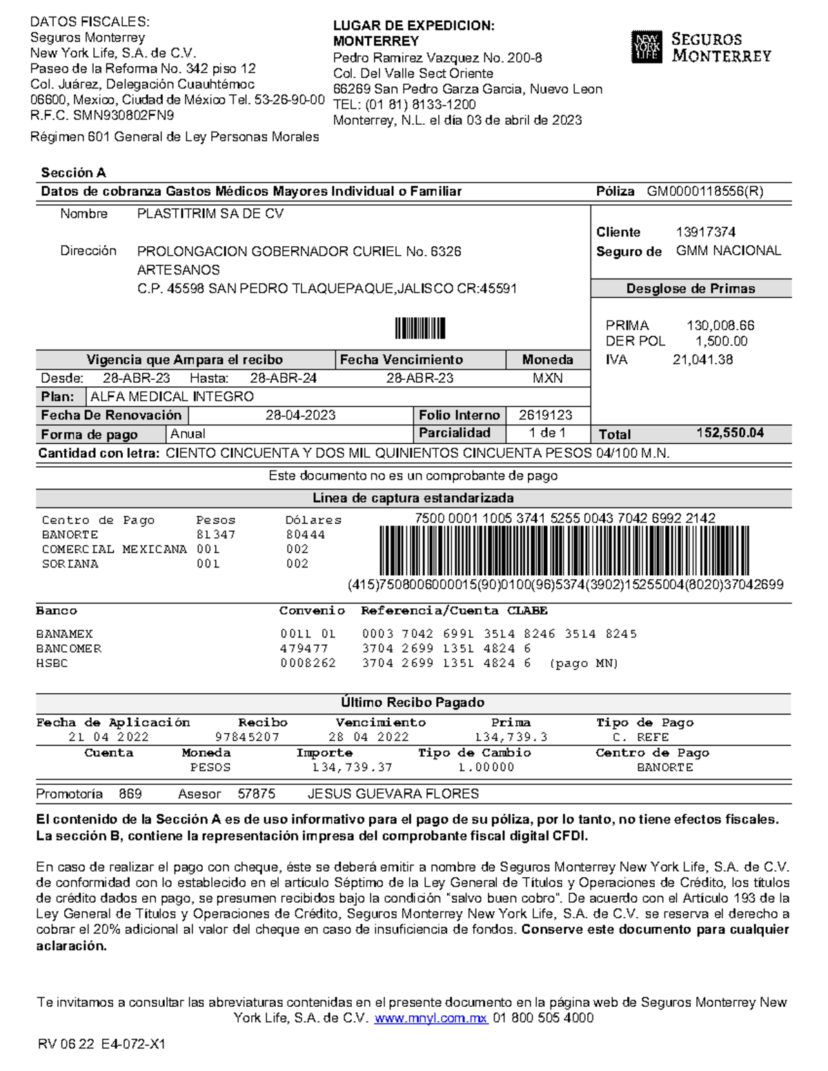 E4-072-X1 - cosa - DATOS FISCALES: Seguros Monterrey New York Life, S ...