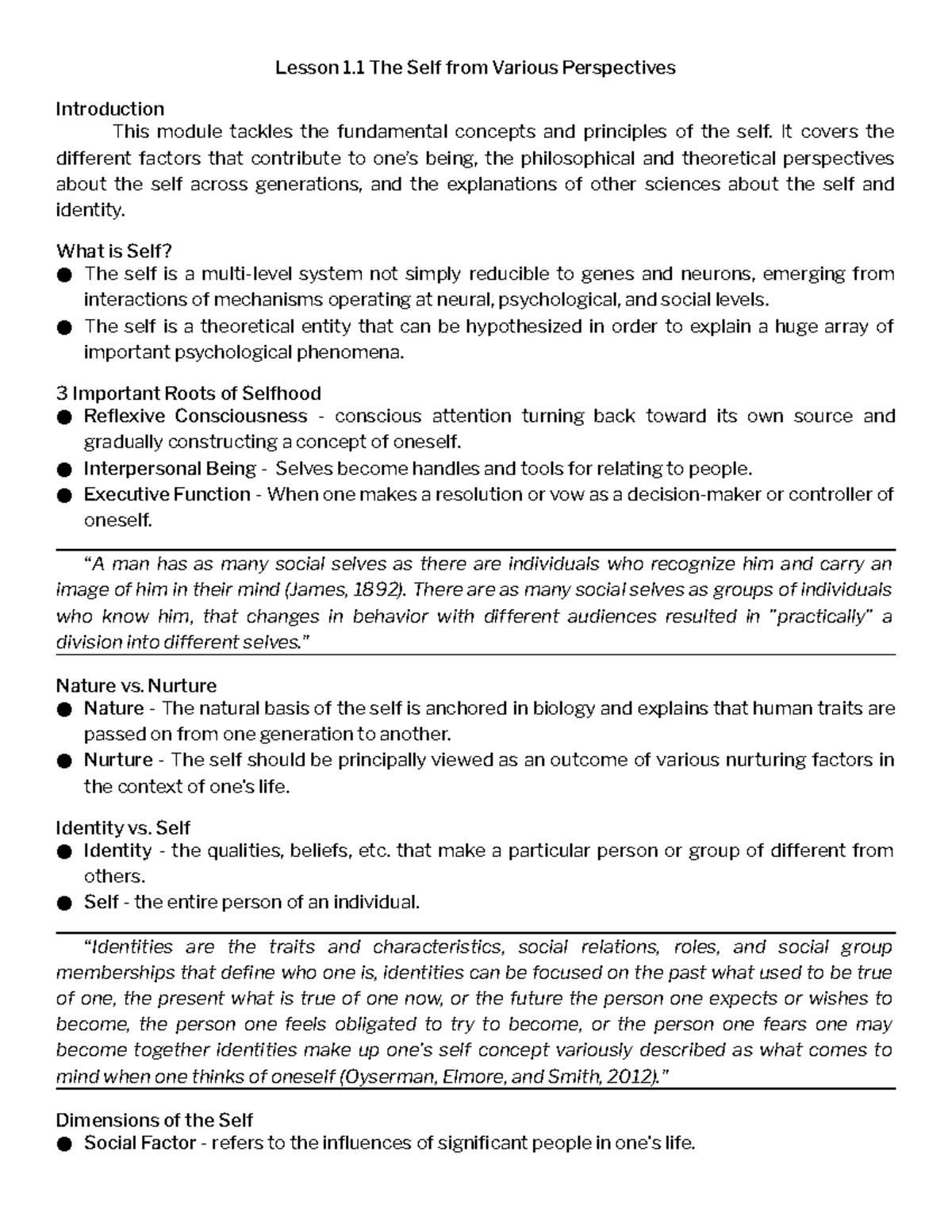 Lesson 1.1 The Self from Various Perspectives - Lesson 1 The Self from ...