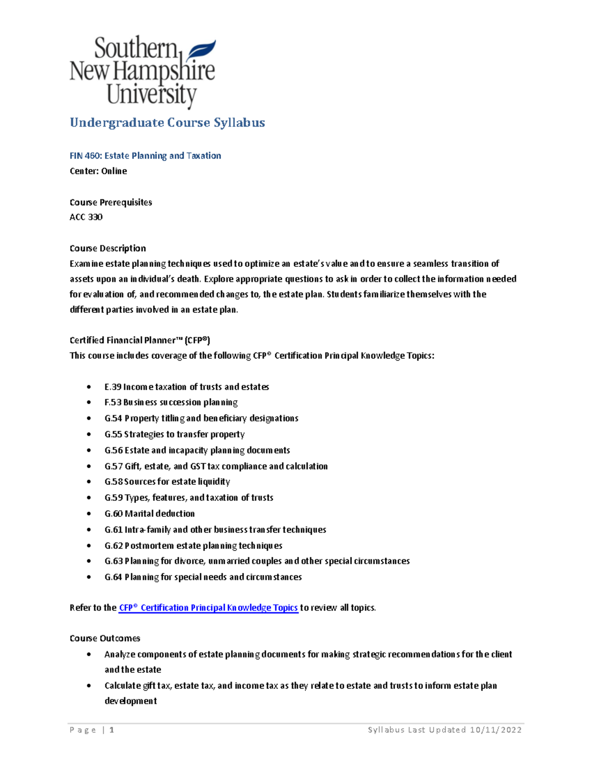 FIN 460 Syllabus - a guide for the course and what will be expected of you - Undergraduate ...