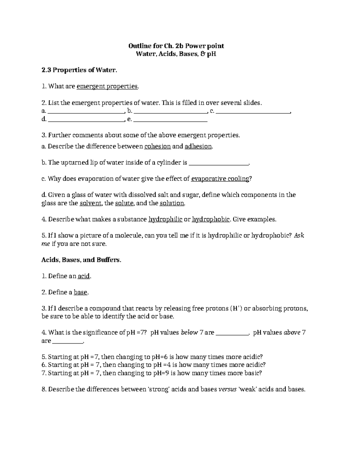 2b Outline for Ch2b Water - Outline for Ch. 2b Power point Water, Acids ...