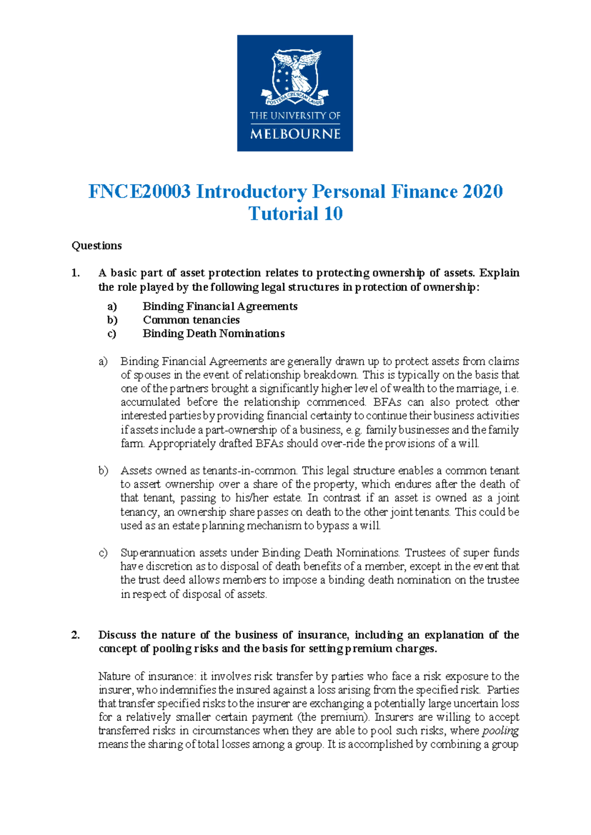 FNCE2000 3 IPF Tutorial 10 2020 Solutions Guide - FNCE20003 ...