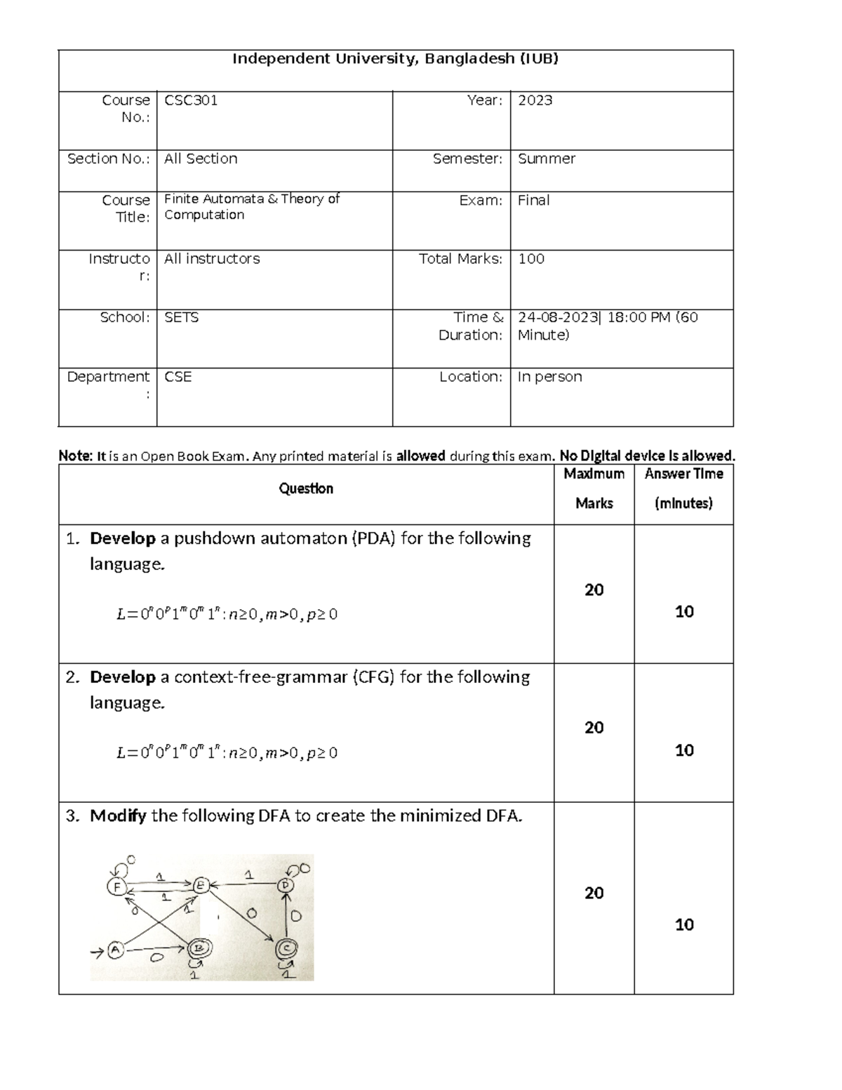 CSC301 2023 Sum Final Qustion - Independent University, Bangladesh (IUB) Course No.: CSC301 Year ...