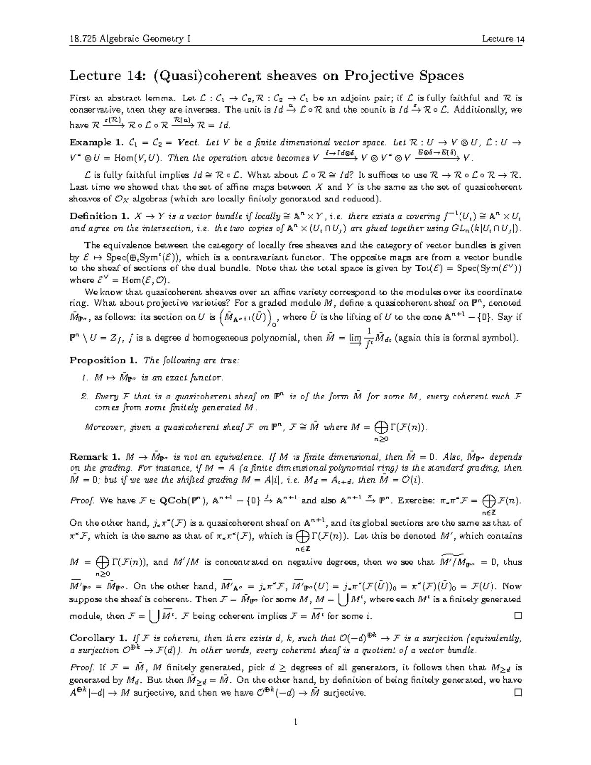 (Quasi)coherent Sheaves on Projective Spaces (PDF) - 18 Algebraic Geometry I Lecture Lecture 14 ...