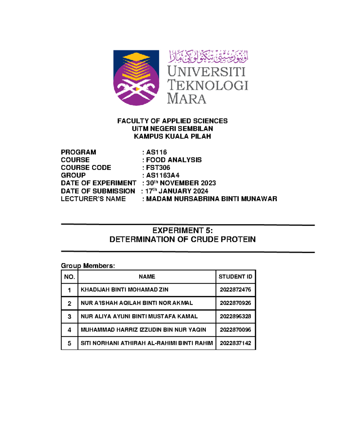 LAB Report Protein - ....... - FACULTY OF APPLIED SCIENCES UiTM NEGERI ...
