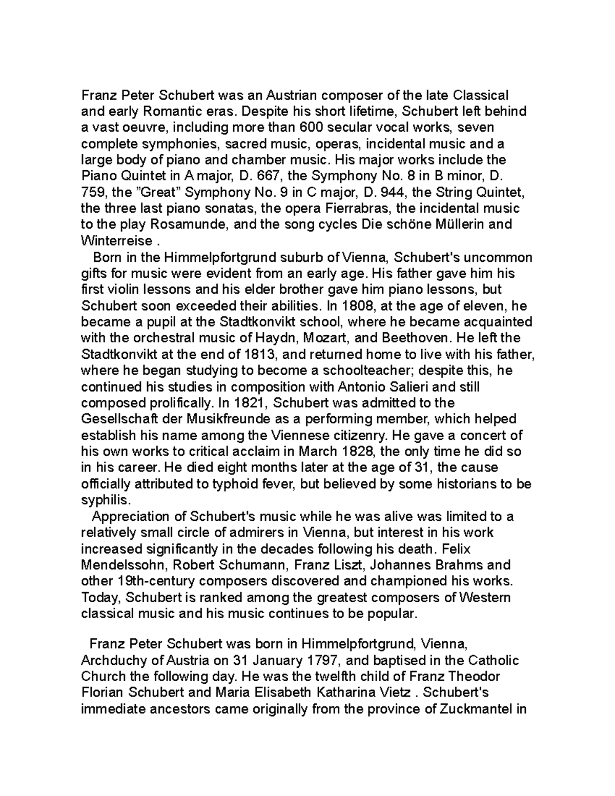 Franz Schubert Report - Summary over a famous music composer - Franz ...