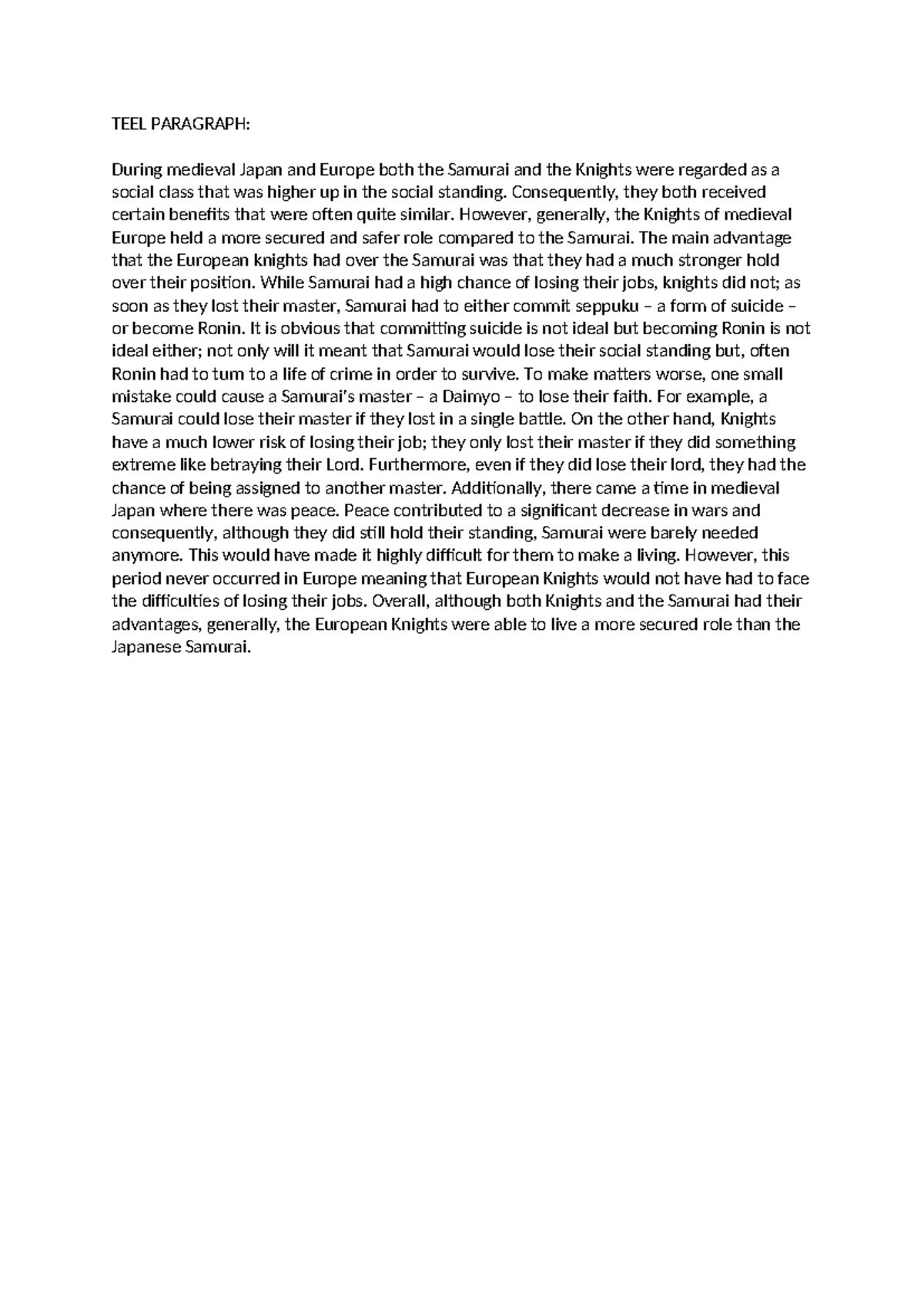 Knights vs Samurai - TEEL PARAGRAPH: During medieval Japan and Europe ...