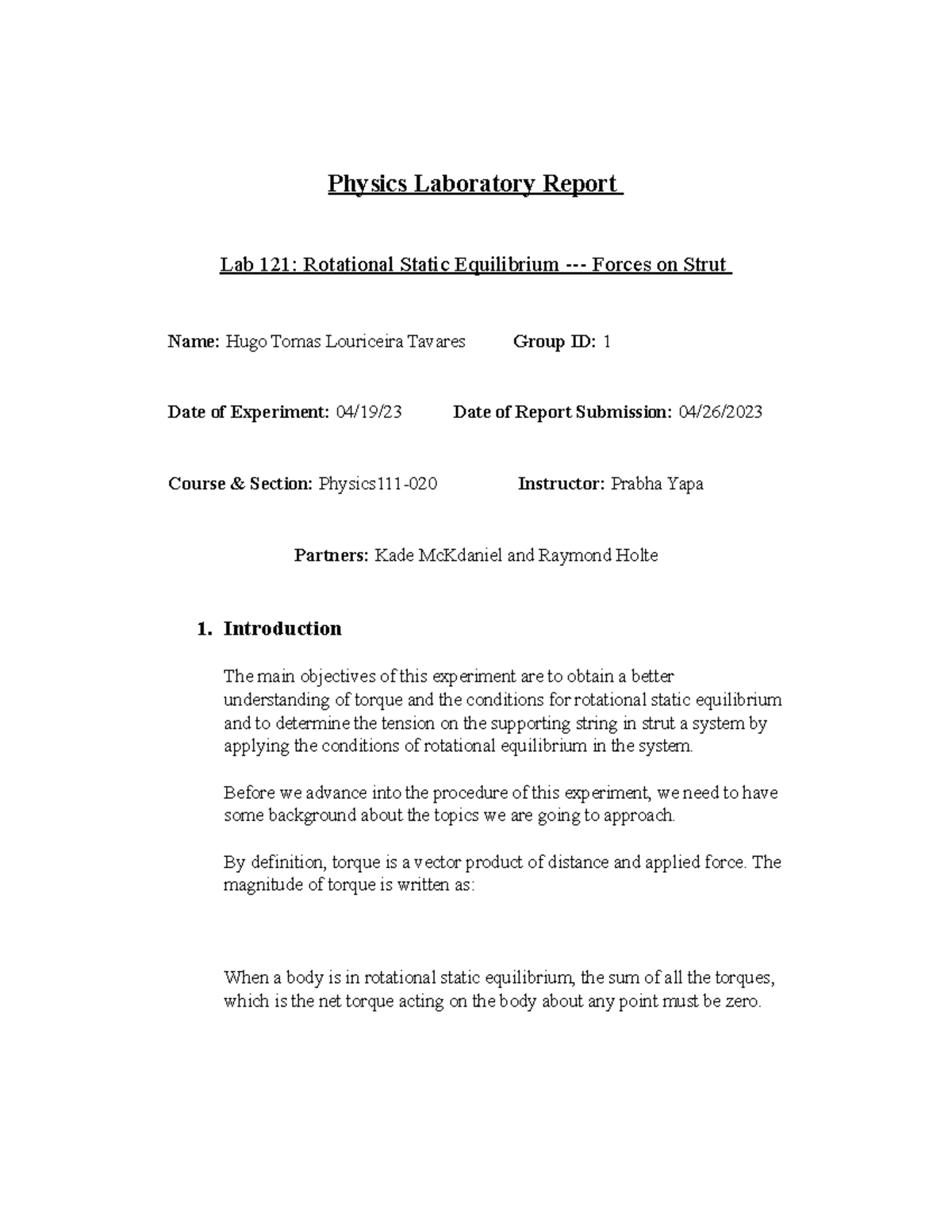 Laboratory Physics Report 121 - Physics Laboratory Report Lab 121 ...