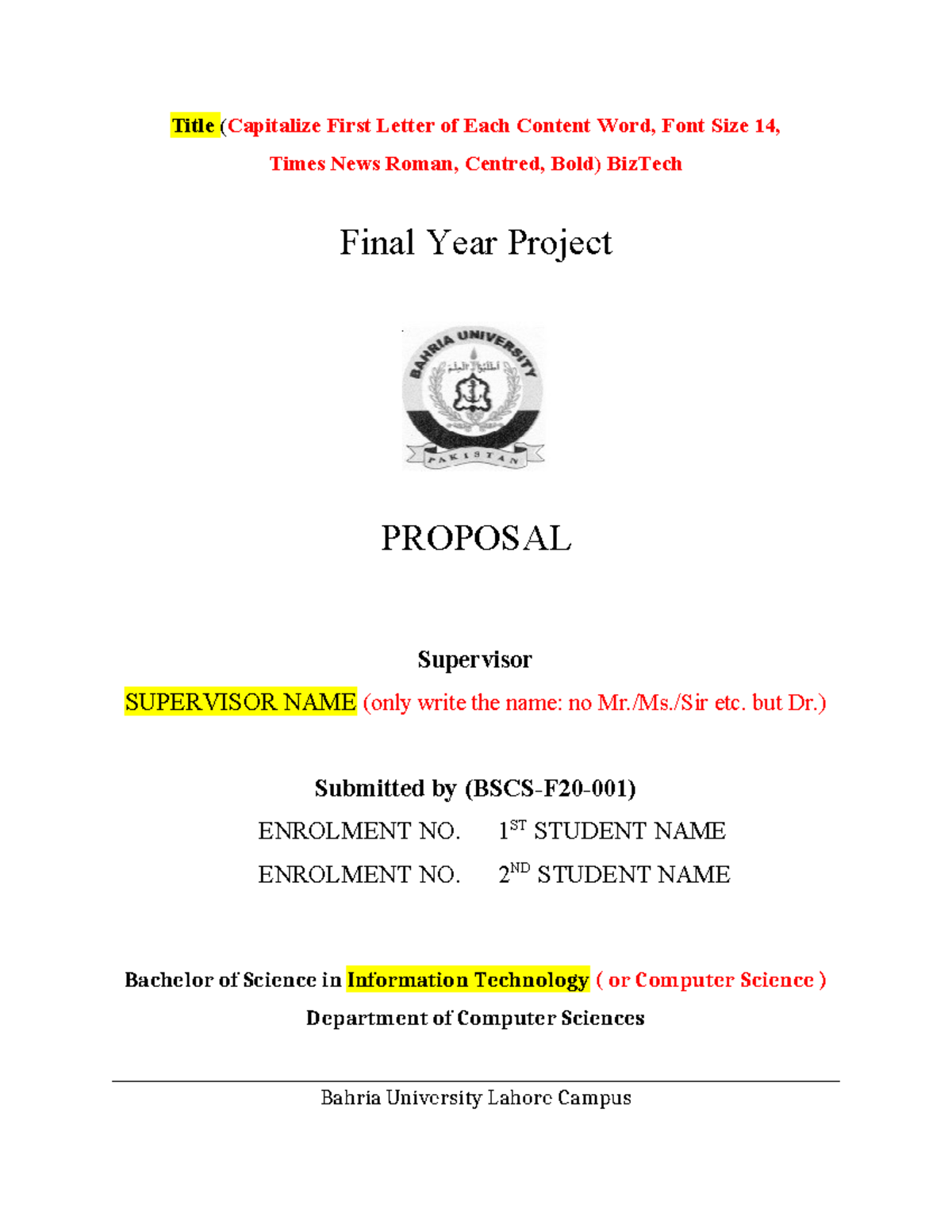 FYP Proposal Template (Bahria) - Title (Capitalize First Letter of Each ...