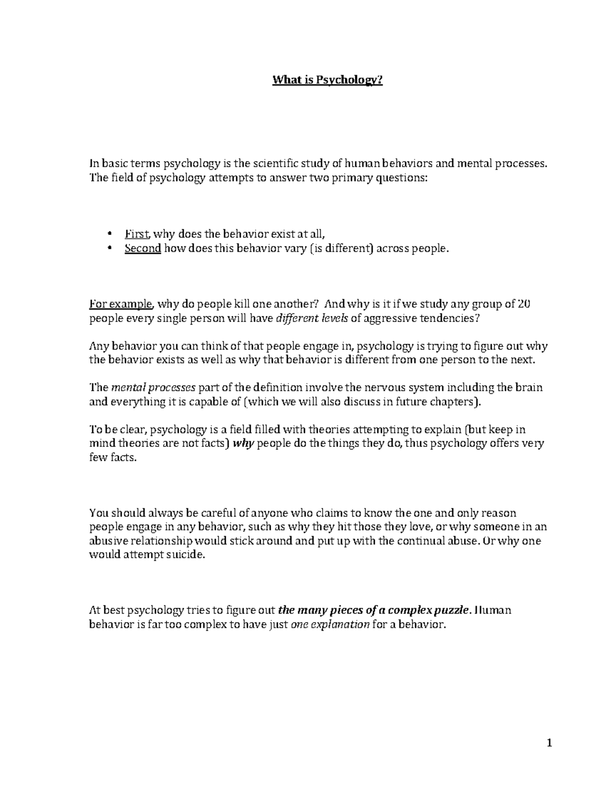 Gen Psych Chapter 1 - Lecture notes 1 - 1 What is Psychology? In basic ...