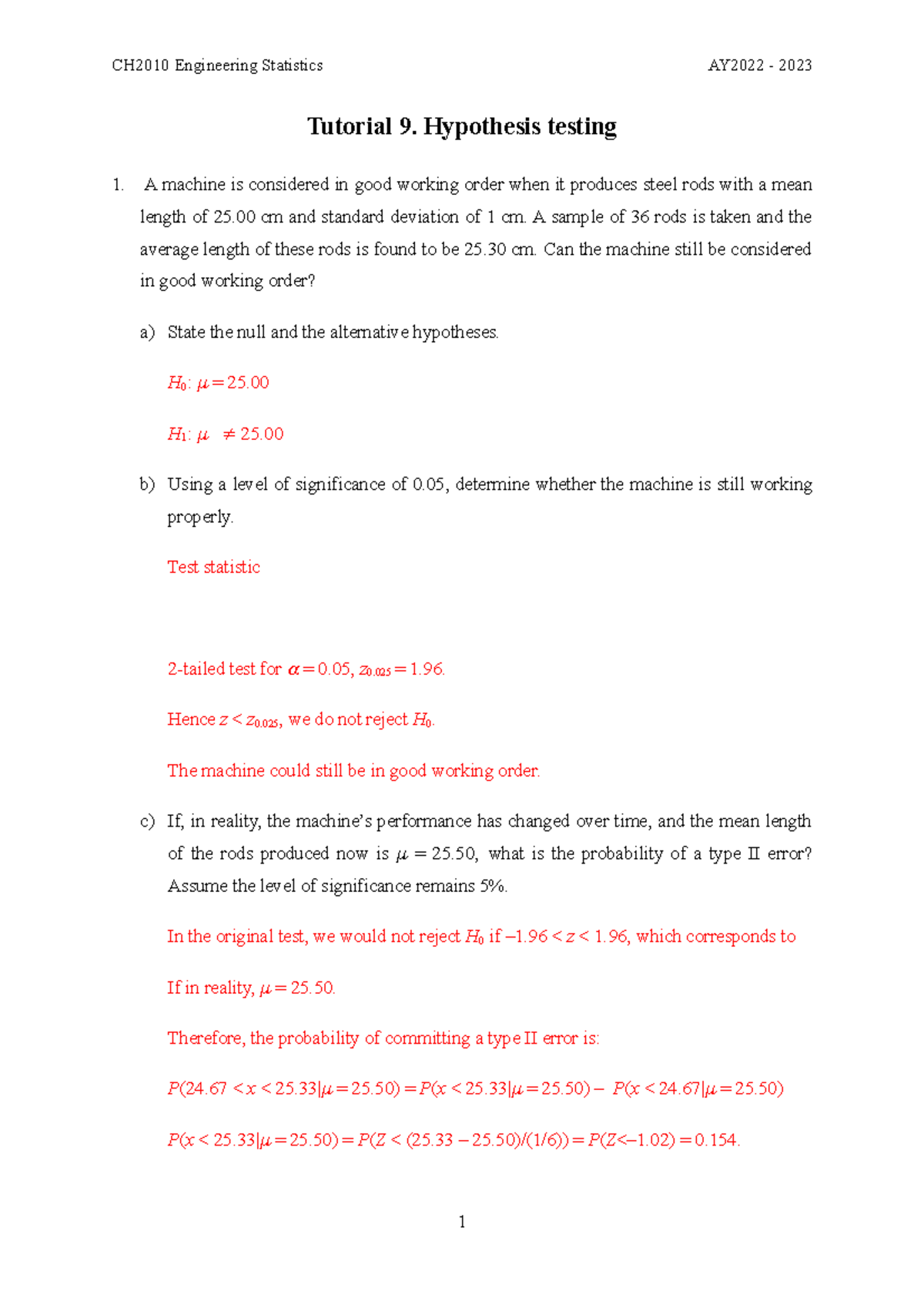 Tutorial 9 - Answers - Note - Tutorial 9. Hypothesis testing A machine ...