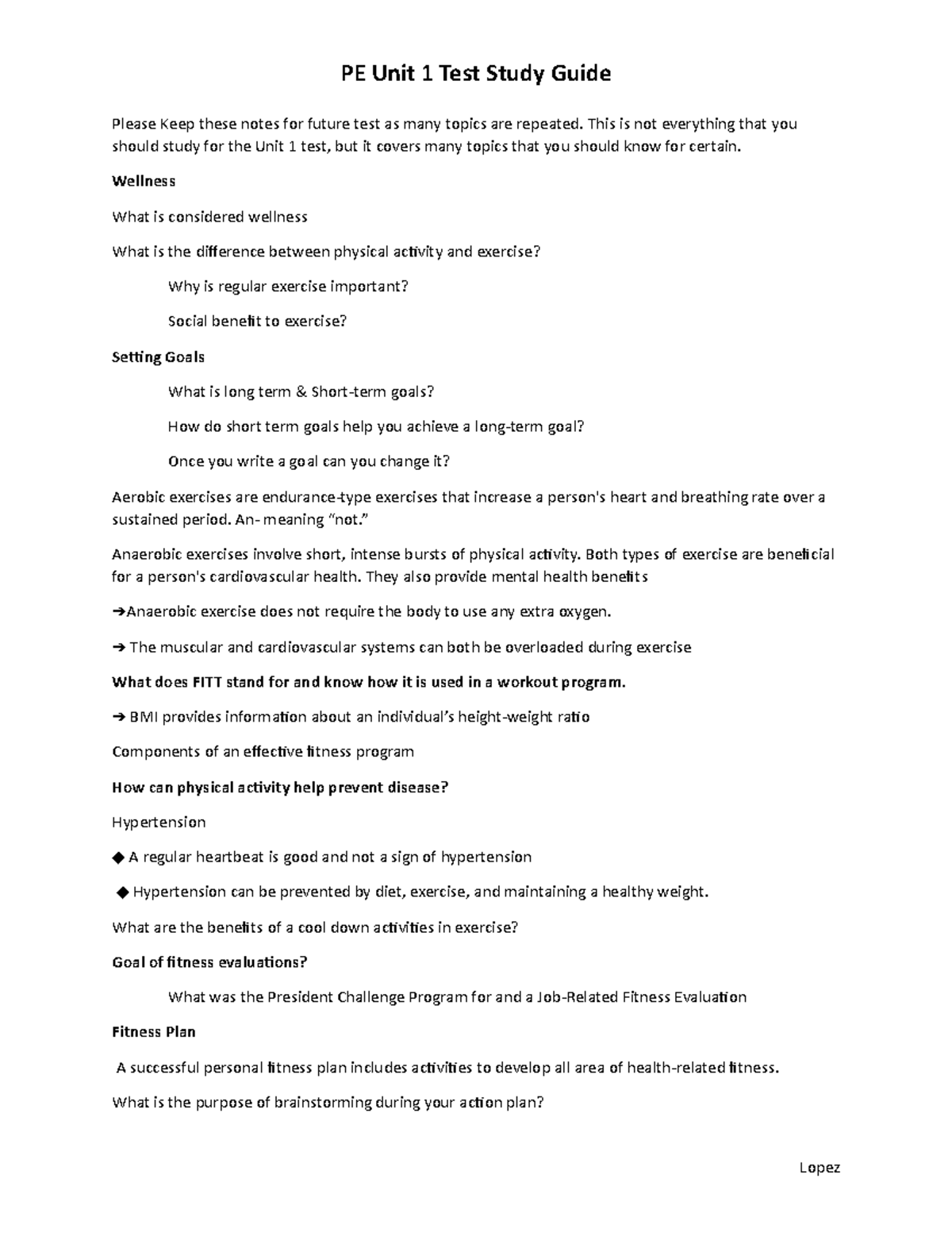 PE Unit 1 Test Study Guide Student Copy - PE Unit 1 Test Study Guide ...