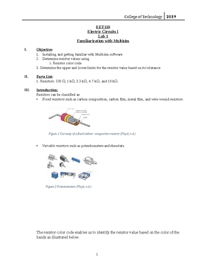 Lab Assignment Series Circuits OG - EET Electric Circuits I Lab 2 Series Circuit I. Objective: 1 ...