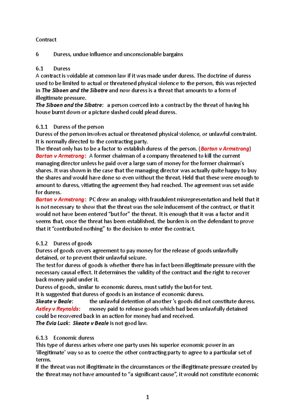 Contract notes duress - Contract 6 Duress, undue influence and ...