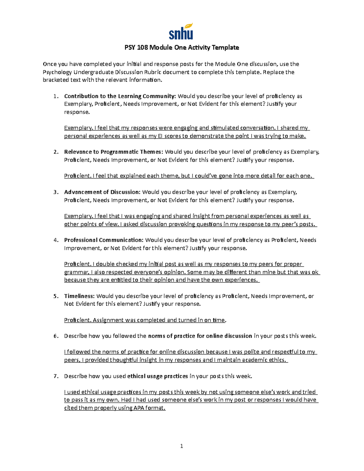 1-2 Activity Discussion Self-Assessment - PSY 108 Module One Activity ...