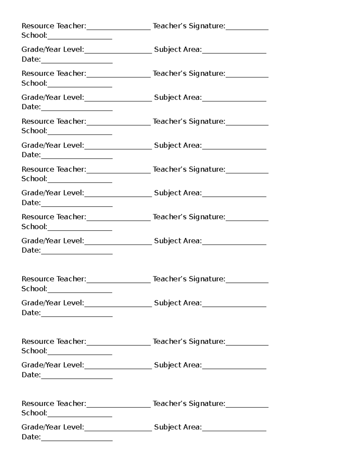 Name - just format - Resource Teacher:__________________ Teacher’s ...