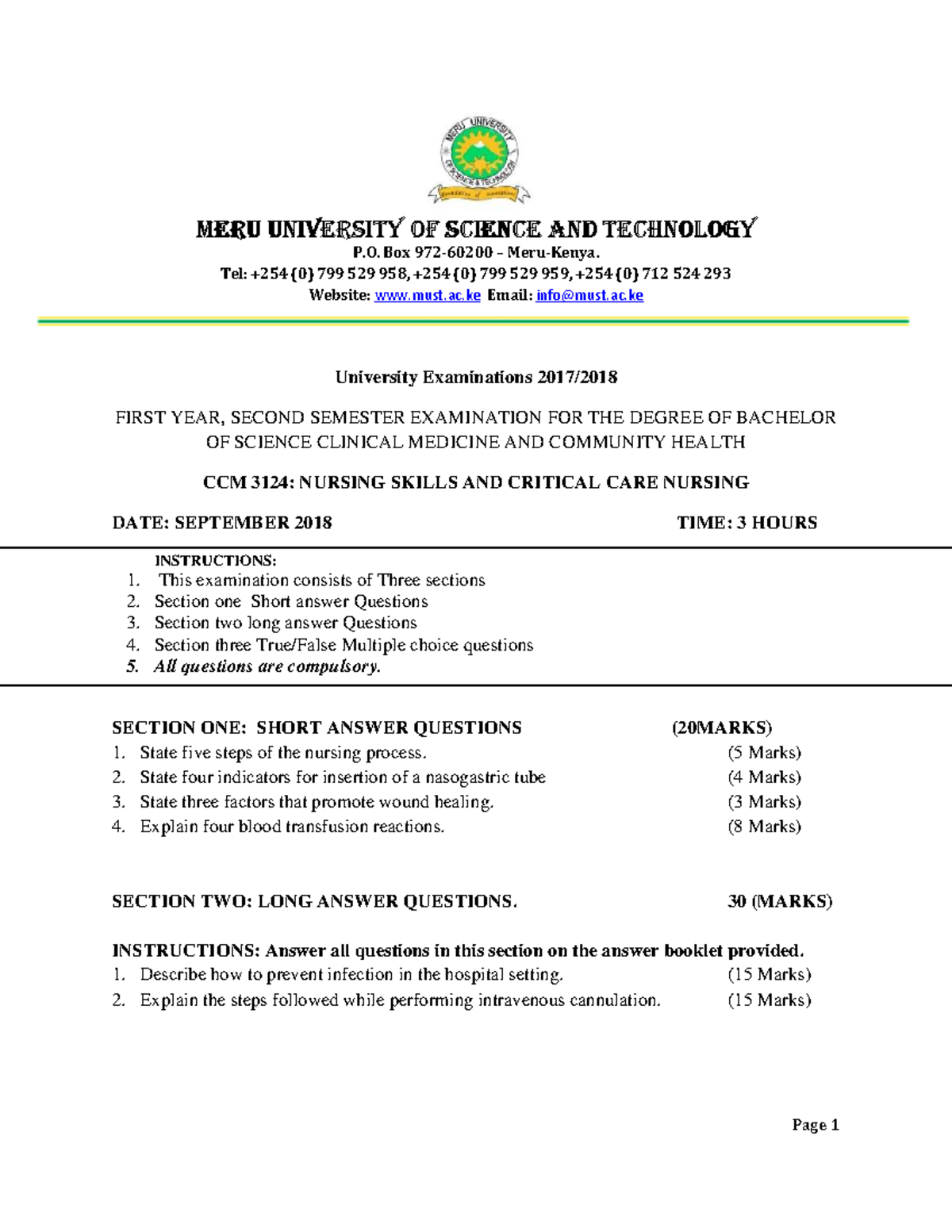 CCM 3124 Nursing Skills AND Critical CARE Nursing - MERU UNIVERSITY OF ...