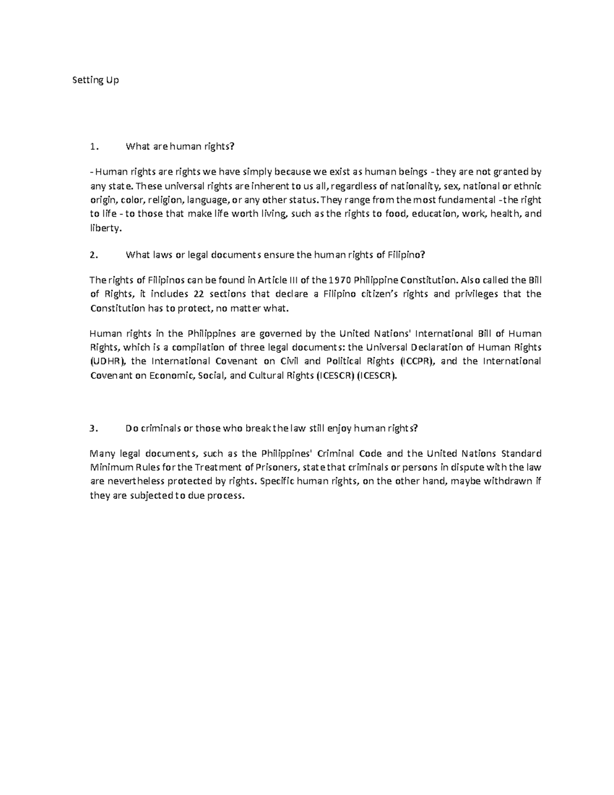 Setting UP2 - Setting Up What are human rights? Human rights are rights ...